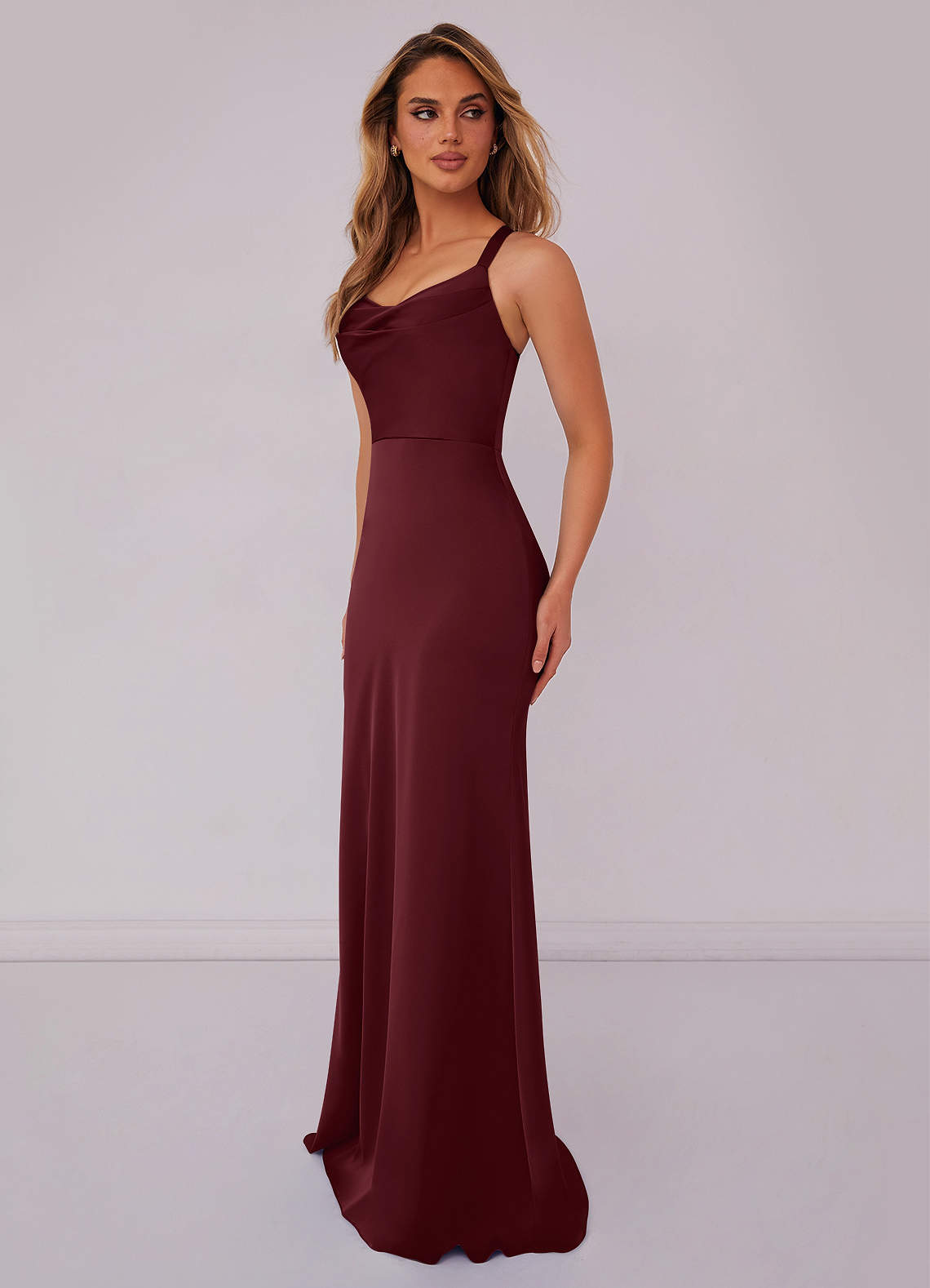 Cabernet Criss Cross Strap Stretch Satin Sheath Dress Bridesmaid Dresses | Azazie