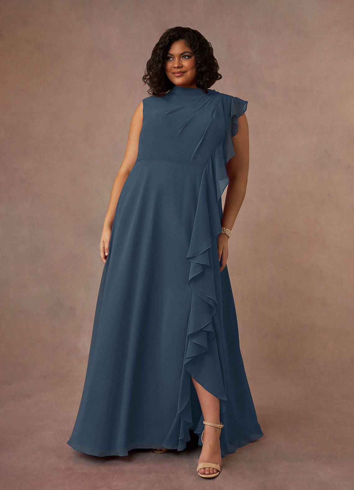 Neptune Azazie Narine A-Line High Neckline Pleated Chiffon Floor-Length ...