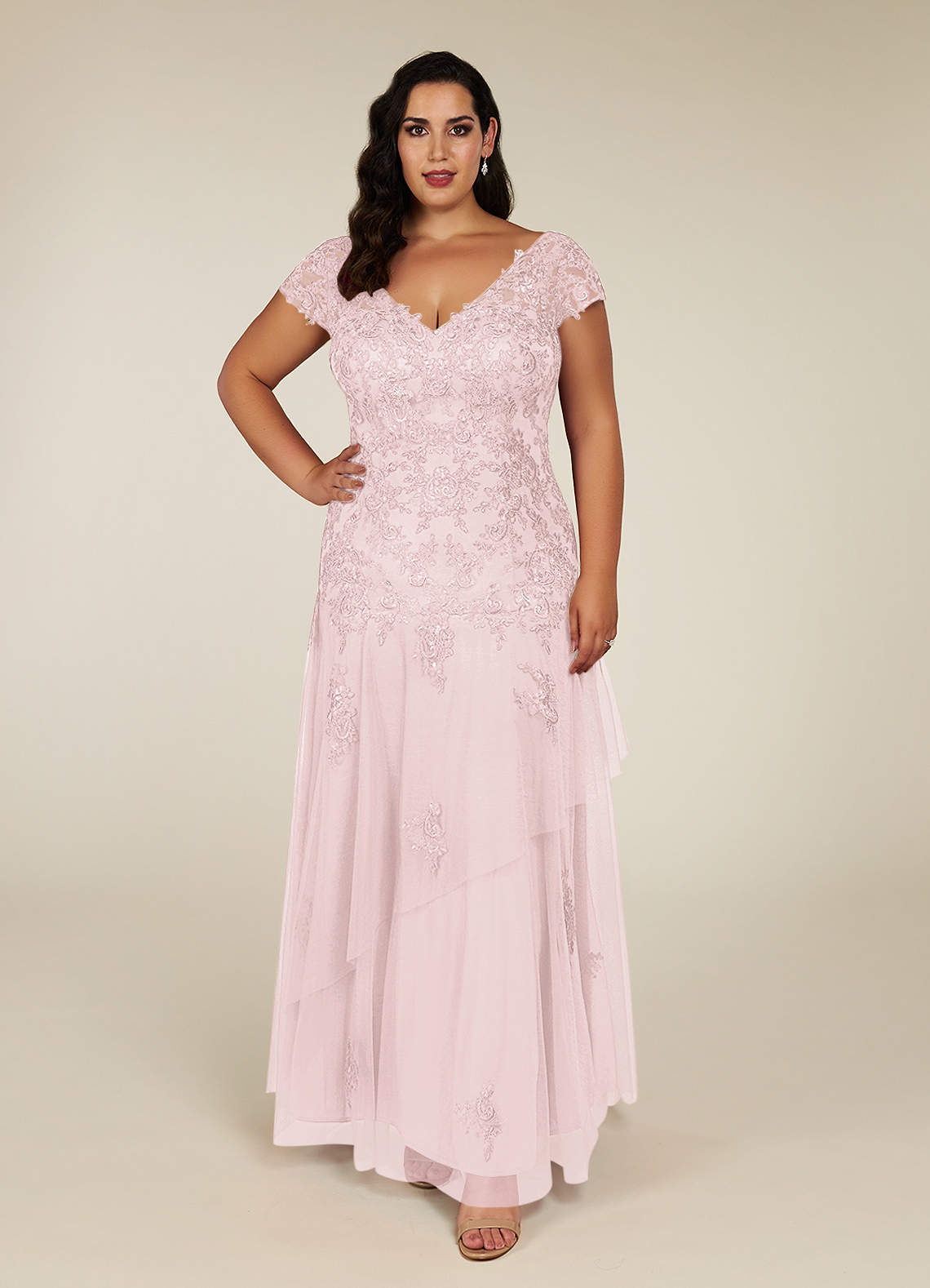 Azazie Romy Blushing Pink Mermaid V-Neck Sequins Tulle Dress | Azazie