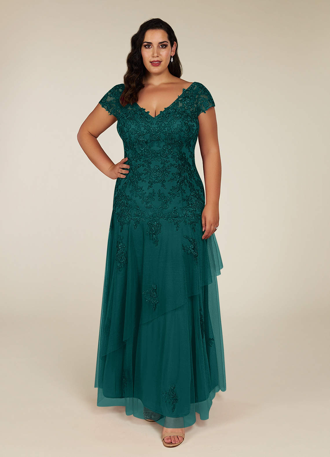 Peacock Azazie Romy Mermaid V-Neck Sequins Tulle Floor-Length Dress ...