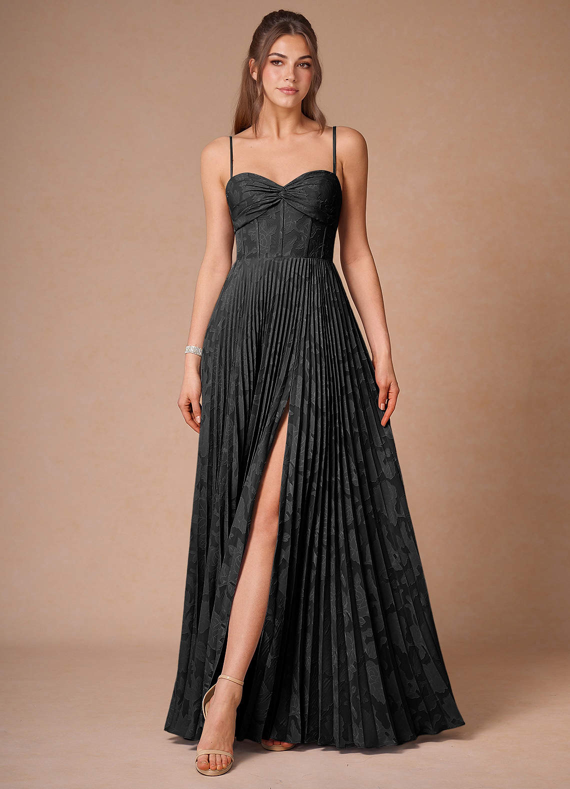 Akiko Black Pleated Maxi Dress | Azazie