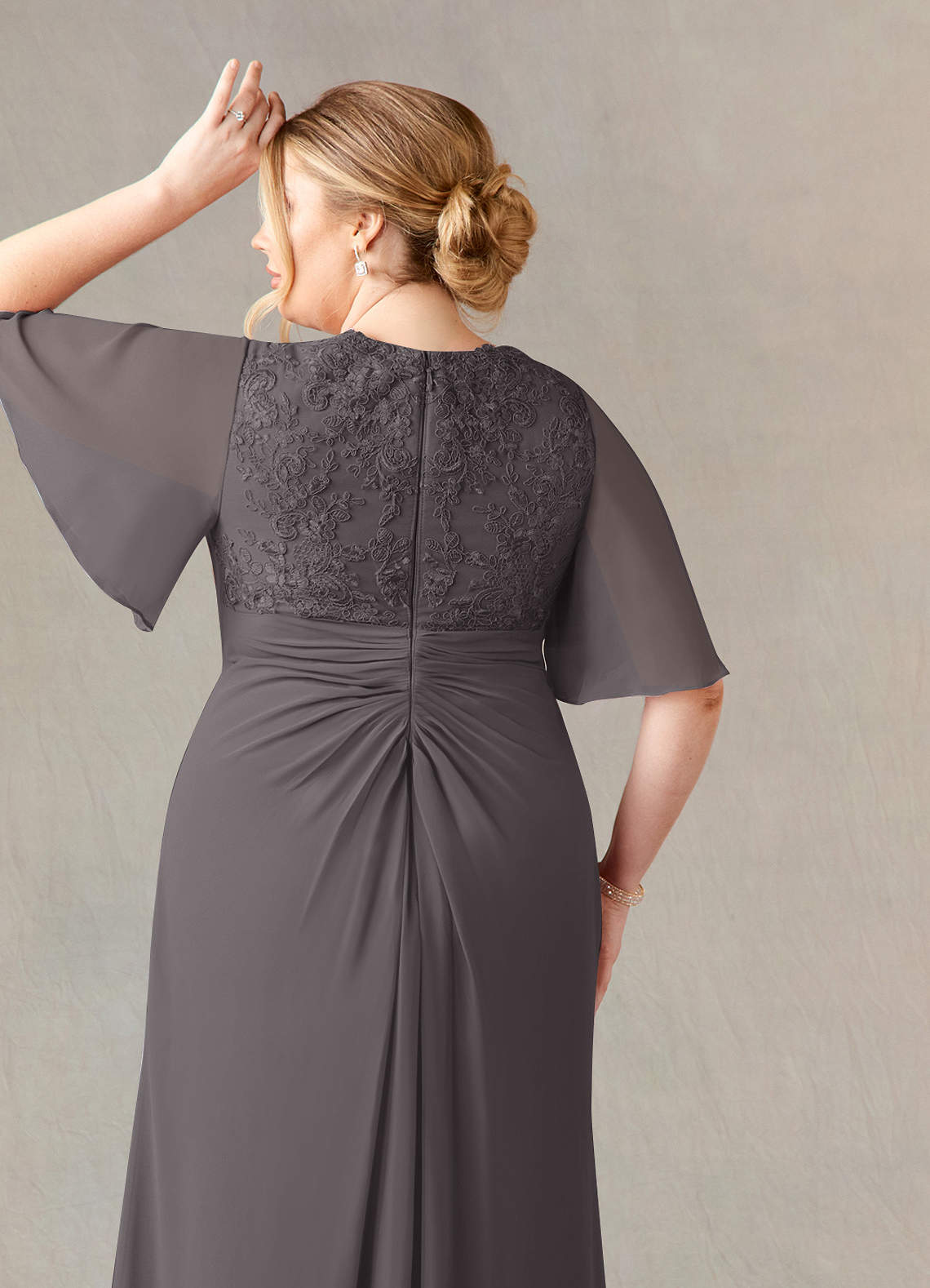 Steel Grey Azazie Carson Steel Grey A-Line V-Neck Lace Chiffon Dress ...