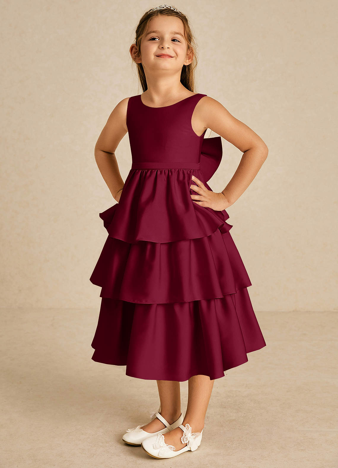 Azazie Margie Burgundy A-Line Bow Stretch Satin Dress | Azazie