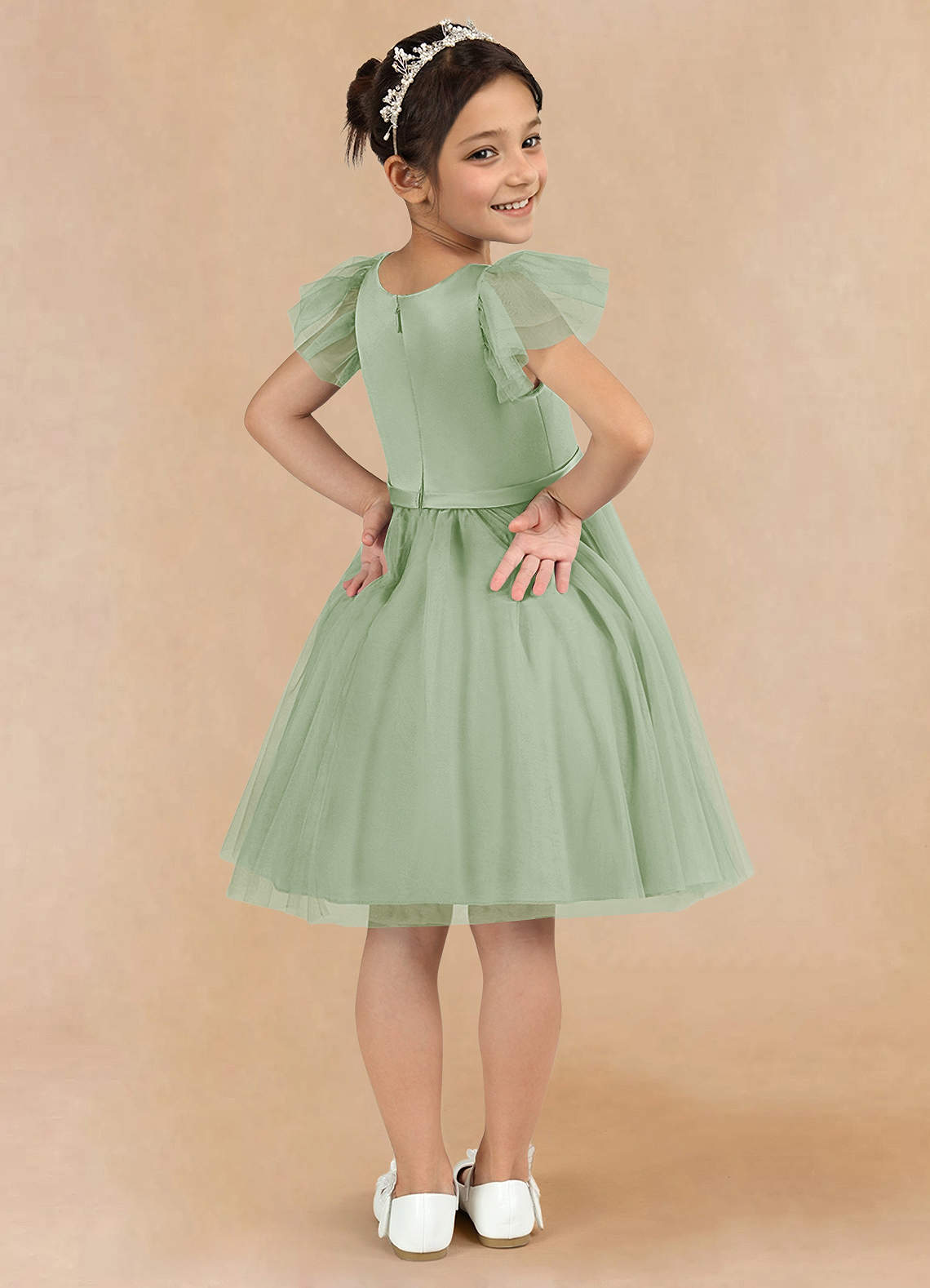 Dusty Sage Azazie Midna Dusty Sage A-Line with Sleeves Tulle Dress | Azazie