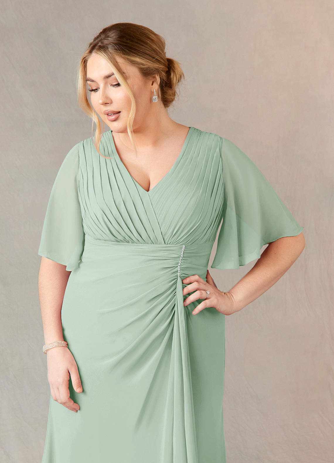 Azazie Carson Agave A-Line V-Neck Lace Chiffon Dress | Azazie