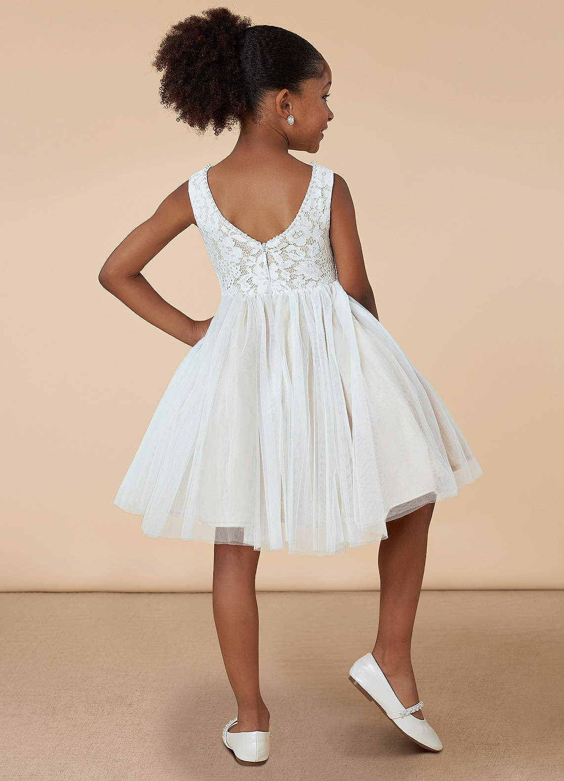 Diamond White Azazie Sharlie A-Line Lace Tulle Knee-Length Dress | Azazie