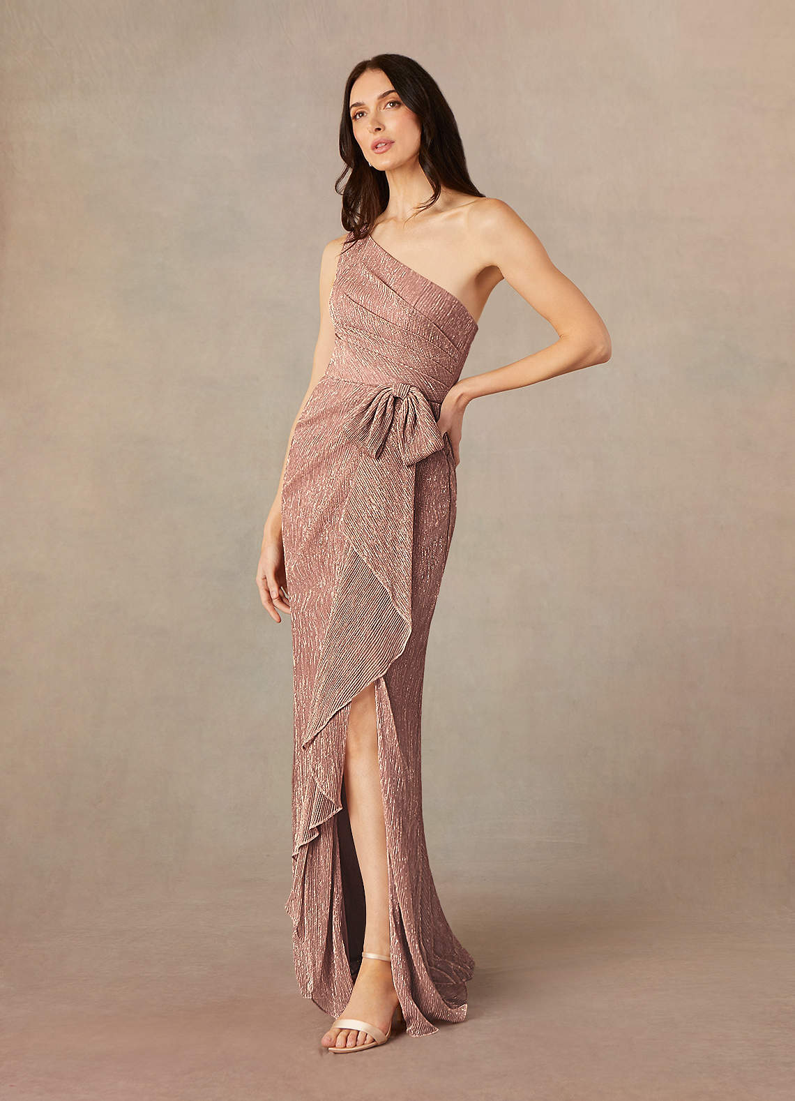 Azazie Jocelyn Rose Gold Sheath One Shoulder Metallic Mesh Dress Azazie