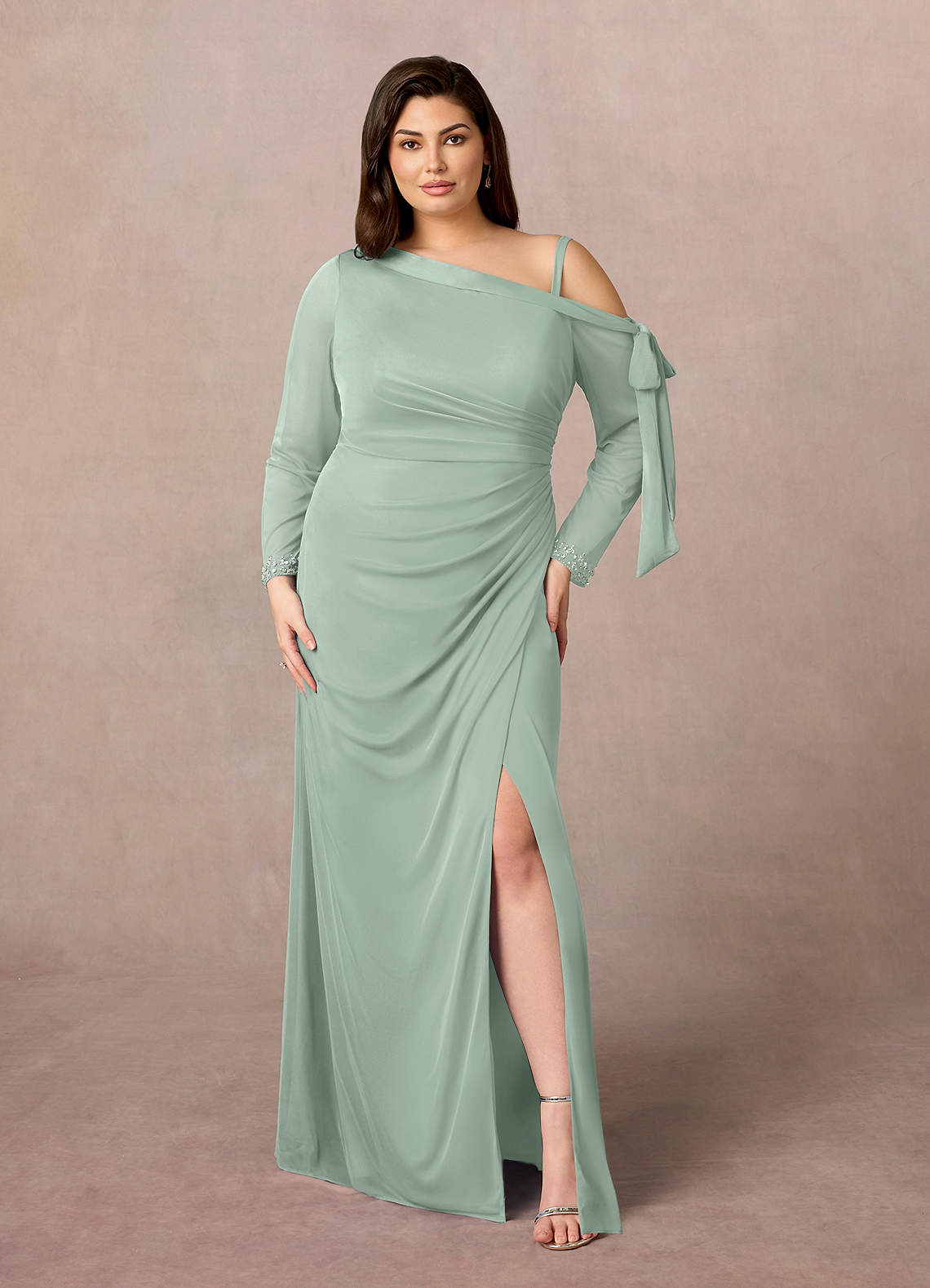 Azazie Marna Agave Sheath One Shoulder Mesh Dress | Azazie