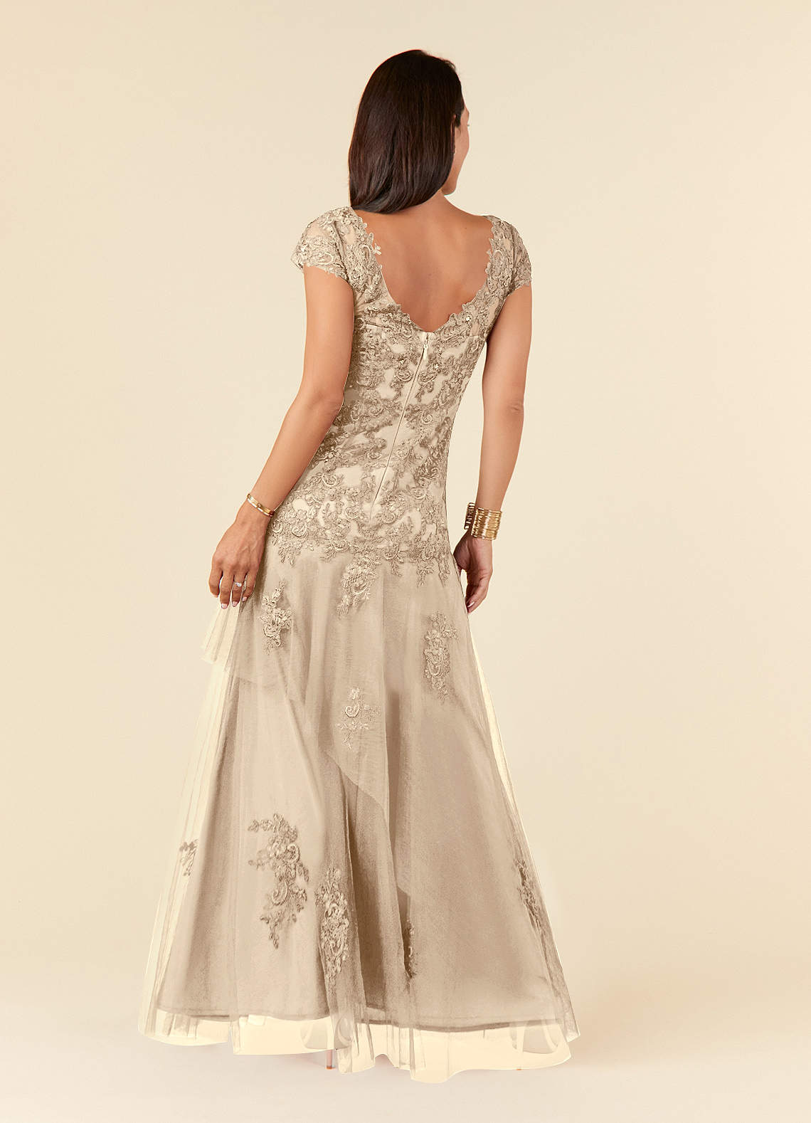 Champagne Azazie Romy Mermaid V-Neck Sequins Tulle Floor-Length Dress ...