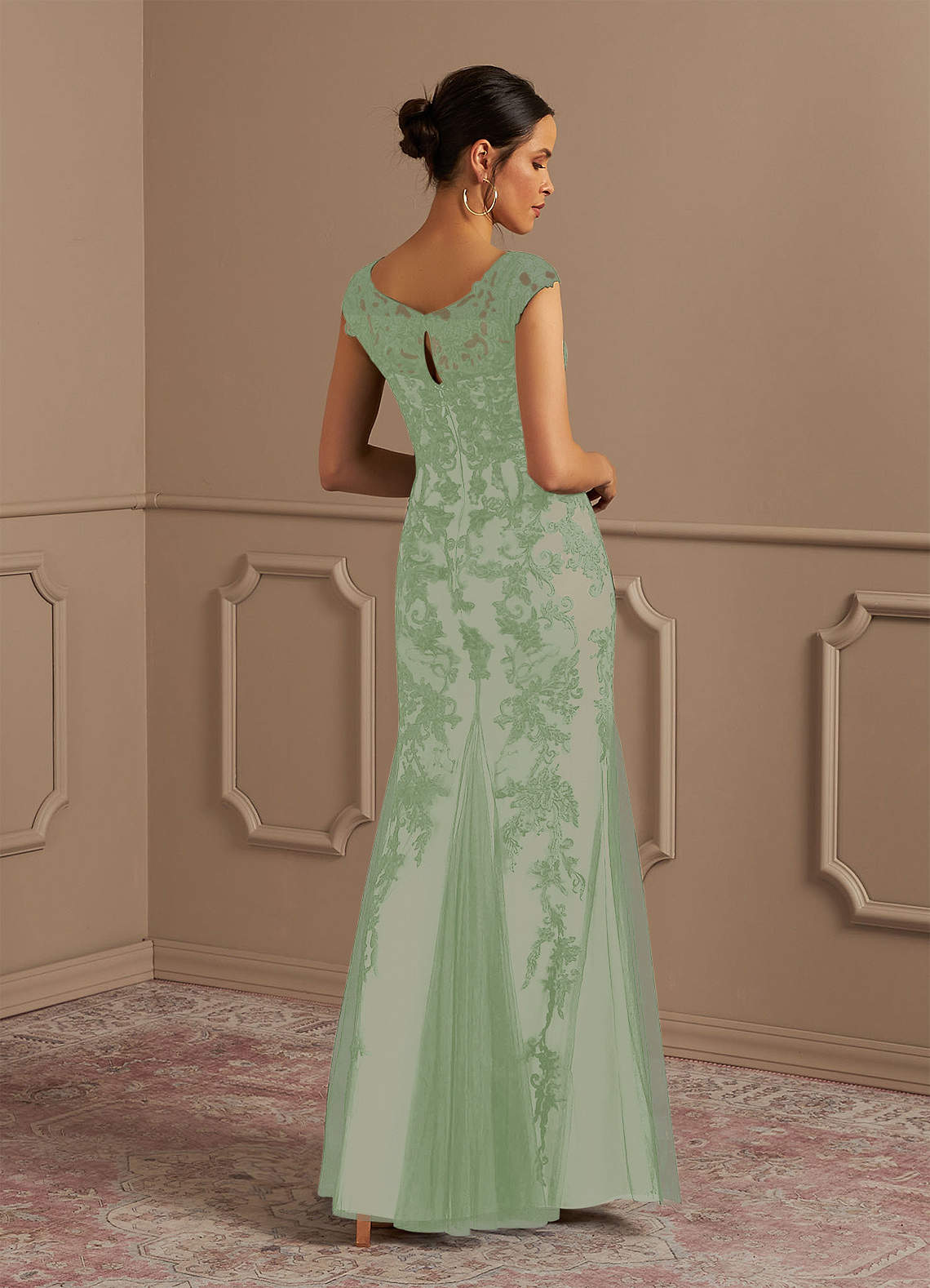 Azazie Melena Dusty Sage Champagne Mermaid Lace Tulle Dress | Azazie