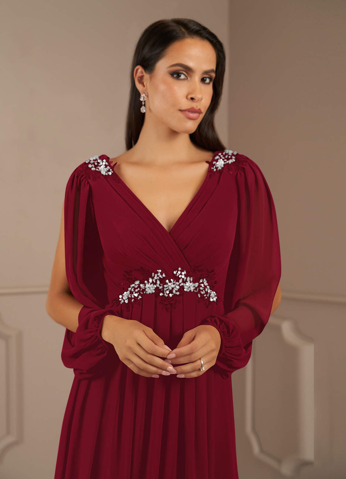 Azazie Gypsy Burgundy A-Line V-Neck Sequins Chiffon Dress | Azazie