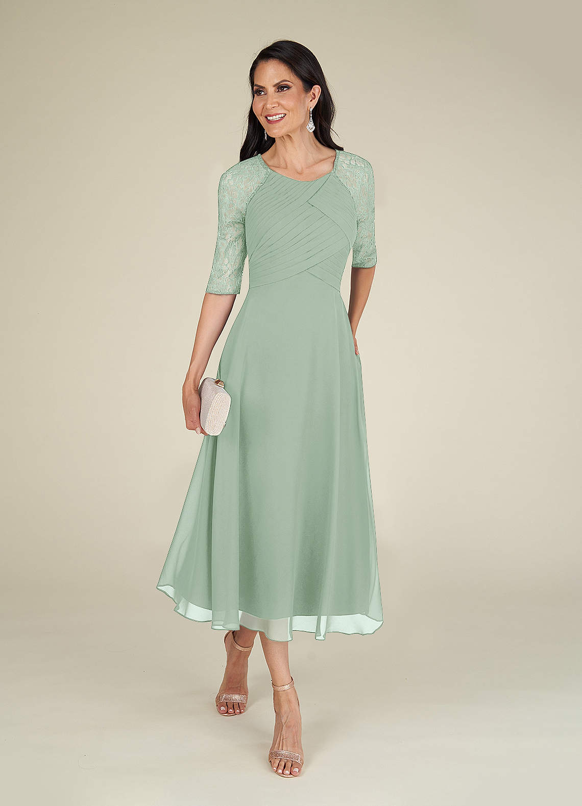 Agave Azazie Dorothea A-Line Scoop lace Chiffon Tea-Length Dress | Azazie