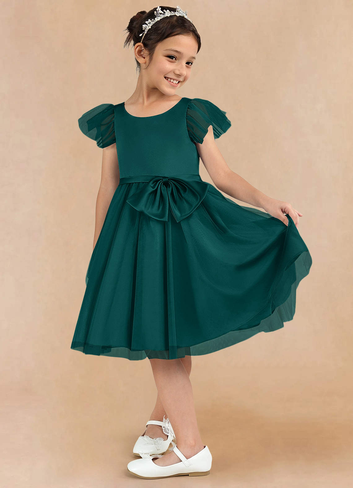 Peacock Azazie Midna Peacock A-Line with Sleeves Tulle Dress | Azazie