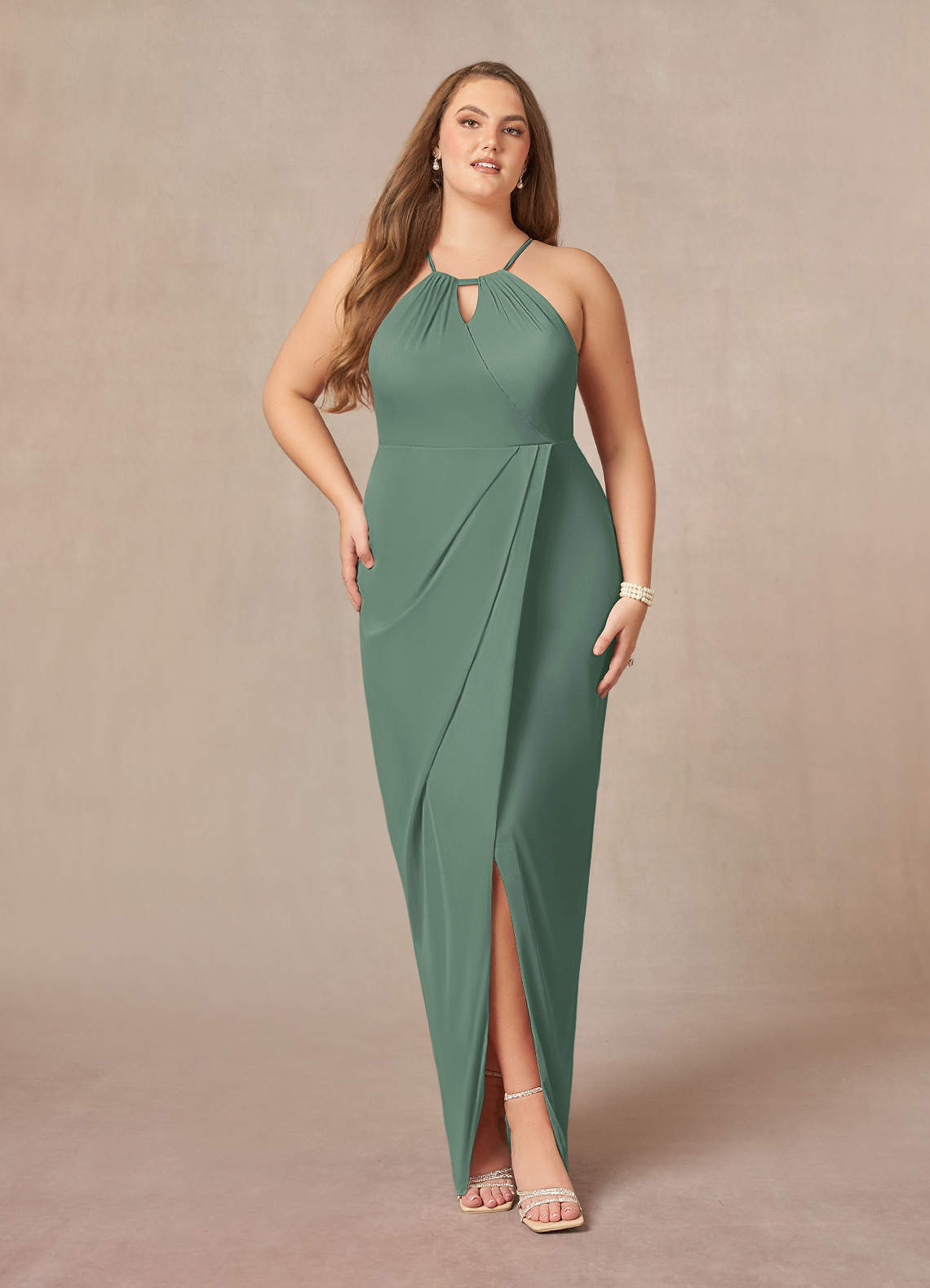 Azazie Hadid Eucalyptus Sheath Pleated Mesh Dress Azazie