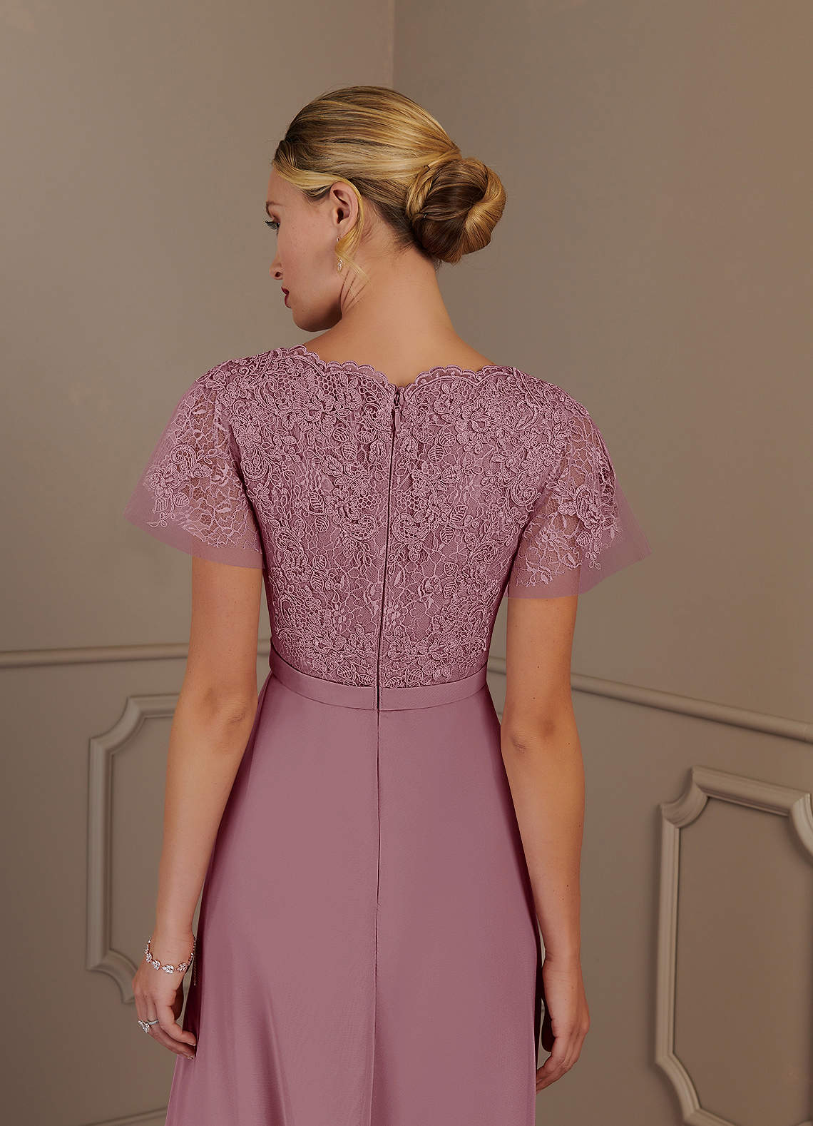 Azazie Singer Vintage Mauve A-Line V-Neck Lace Chiffon Dress | Azazie