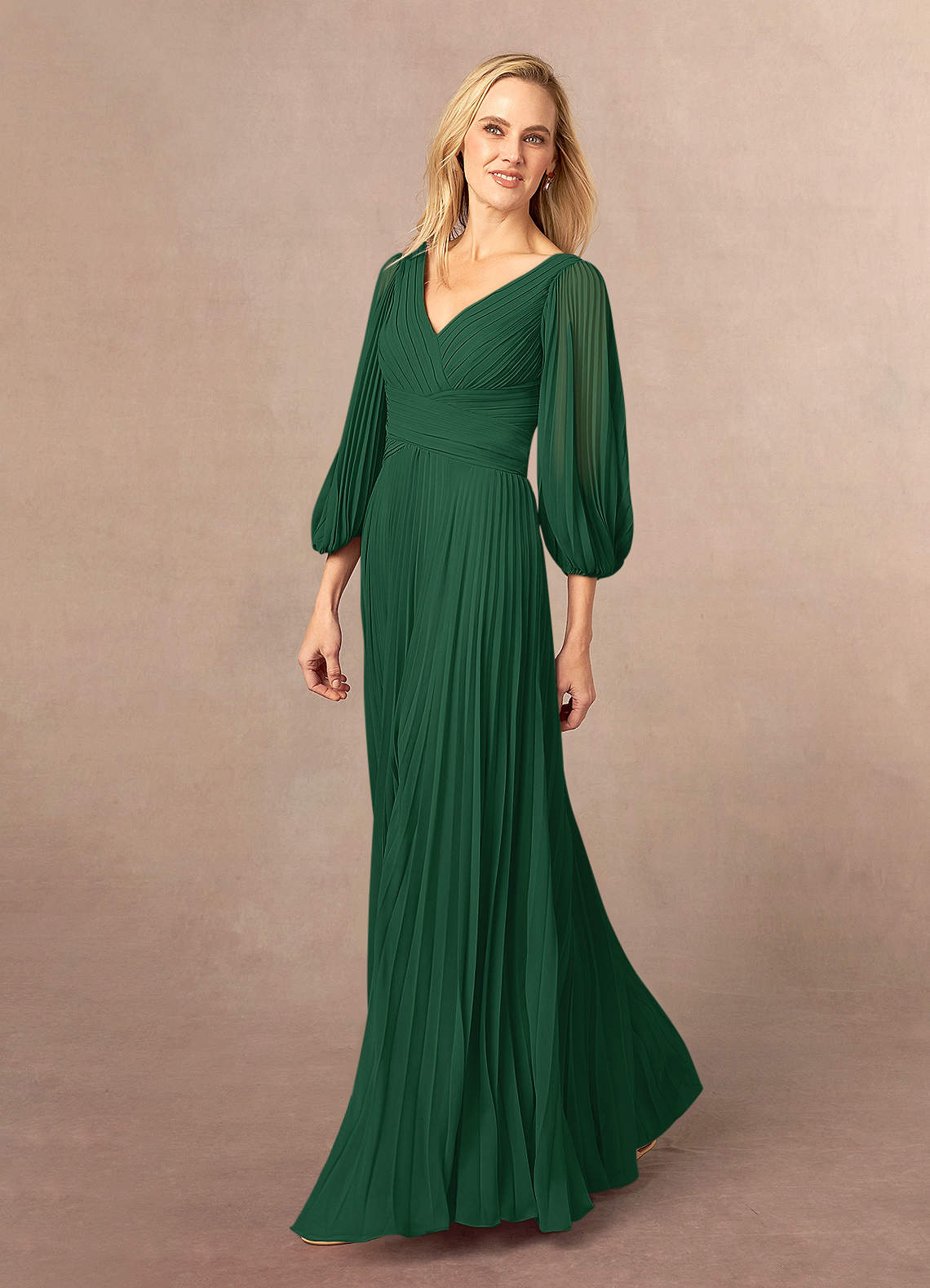 Azazie Zahara Dark Green A-Line V-Neck Pleated Chiffon Dress | Azazie