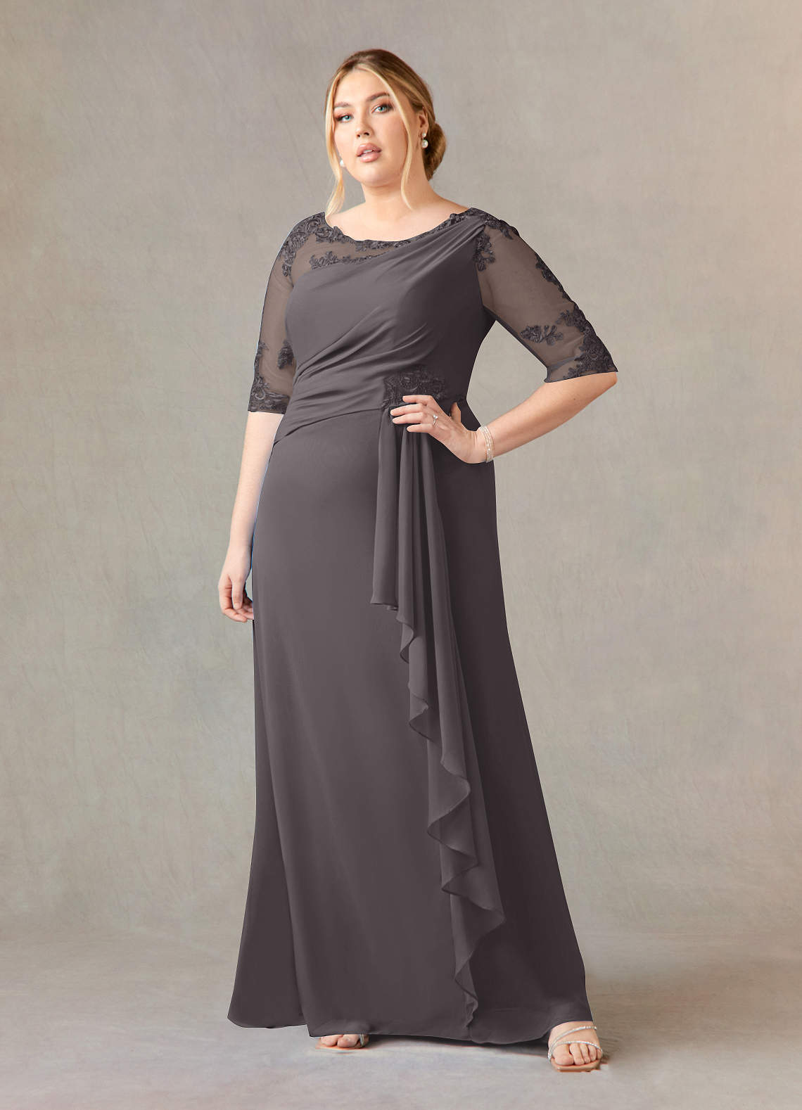 Azazie Dionysus Steel Grey A-Line Boatneck Lace Chiffon Dress | Azazie
