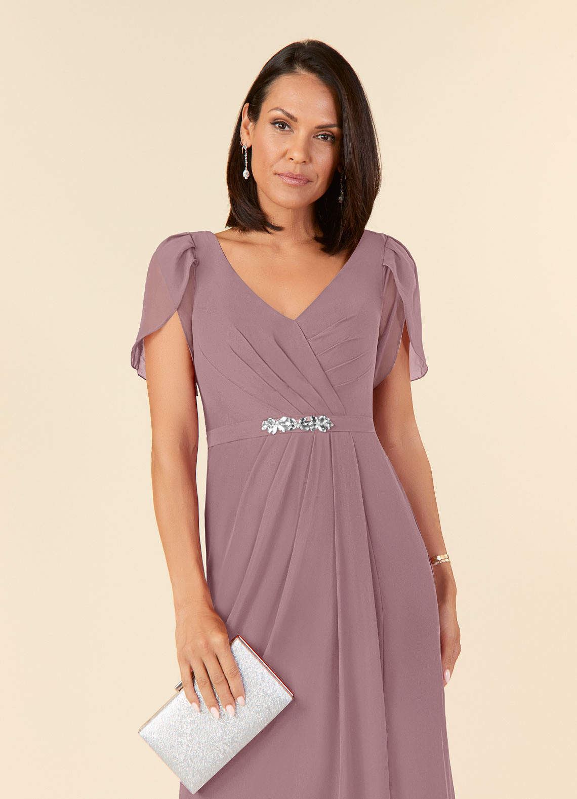 Dusty Rose Azazie Marianne Sheath V Neck Pleated Chiffon Floor Length