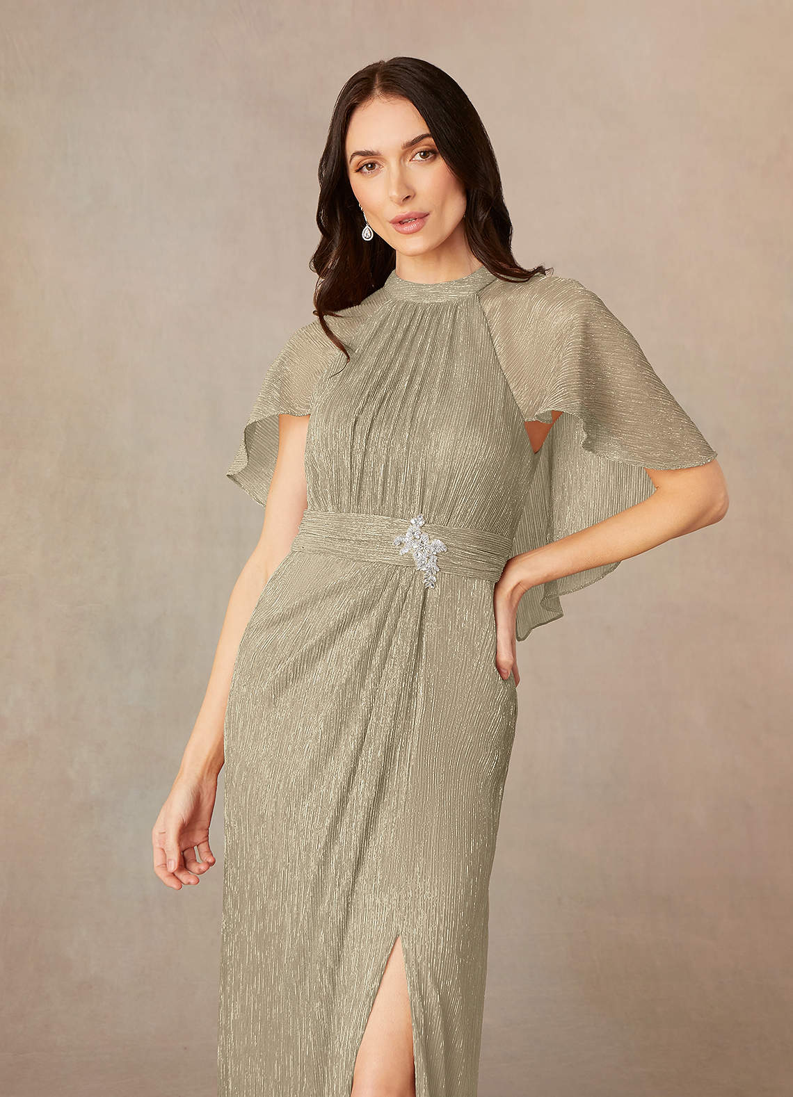 Azazie Draga Champagne Gold Sheath Pleated Metallic Mesh Dress | Azazie