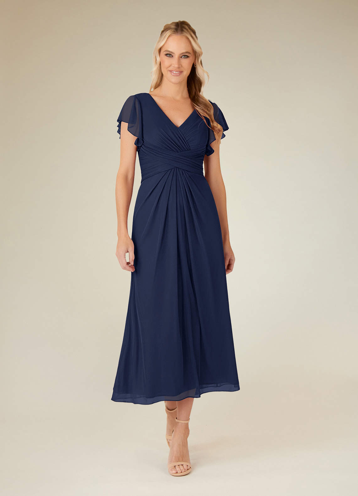 Azazie Vera Dark Navy A-Line V-Neck Pleated Mesh Dress | Azazie