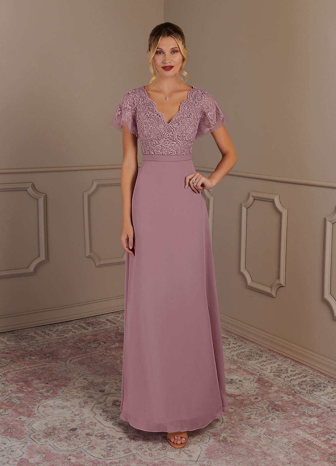 Azazie Singer Dusty Rose A Line V Neck Lace Chiffon Dress Azazie