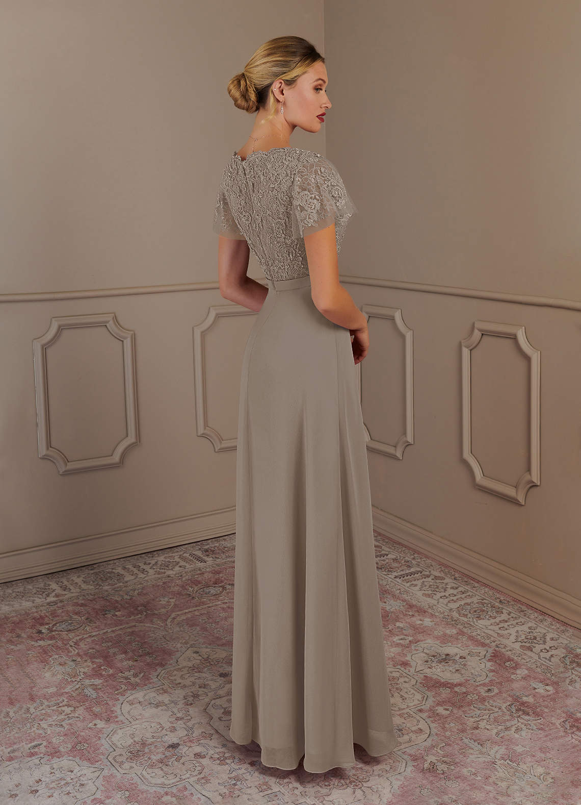 Azazie Singer Taupe A Line V Neck Lace Chiffon Dress Azazie