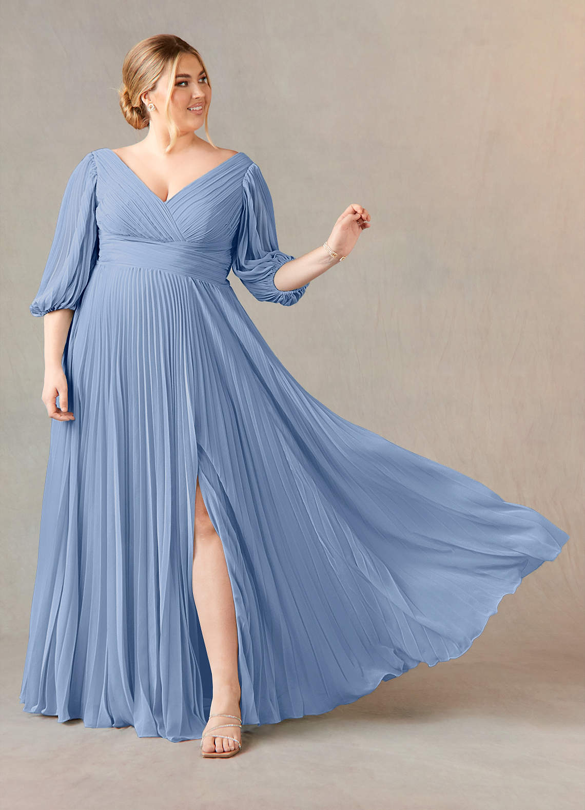 Steel Blue Azazie Zahara Steel Blue A-Line V-Neck Pleated Chiffon Dress ...