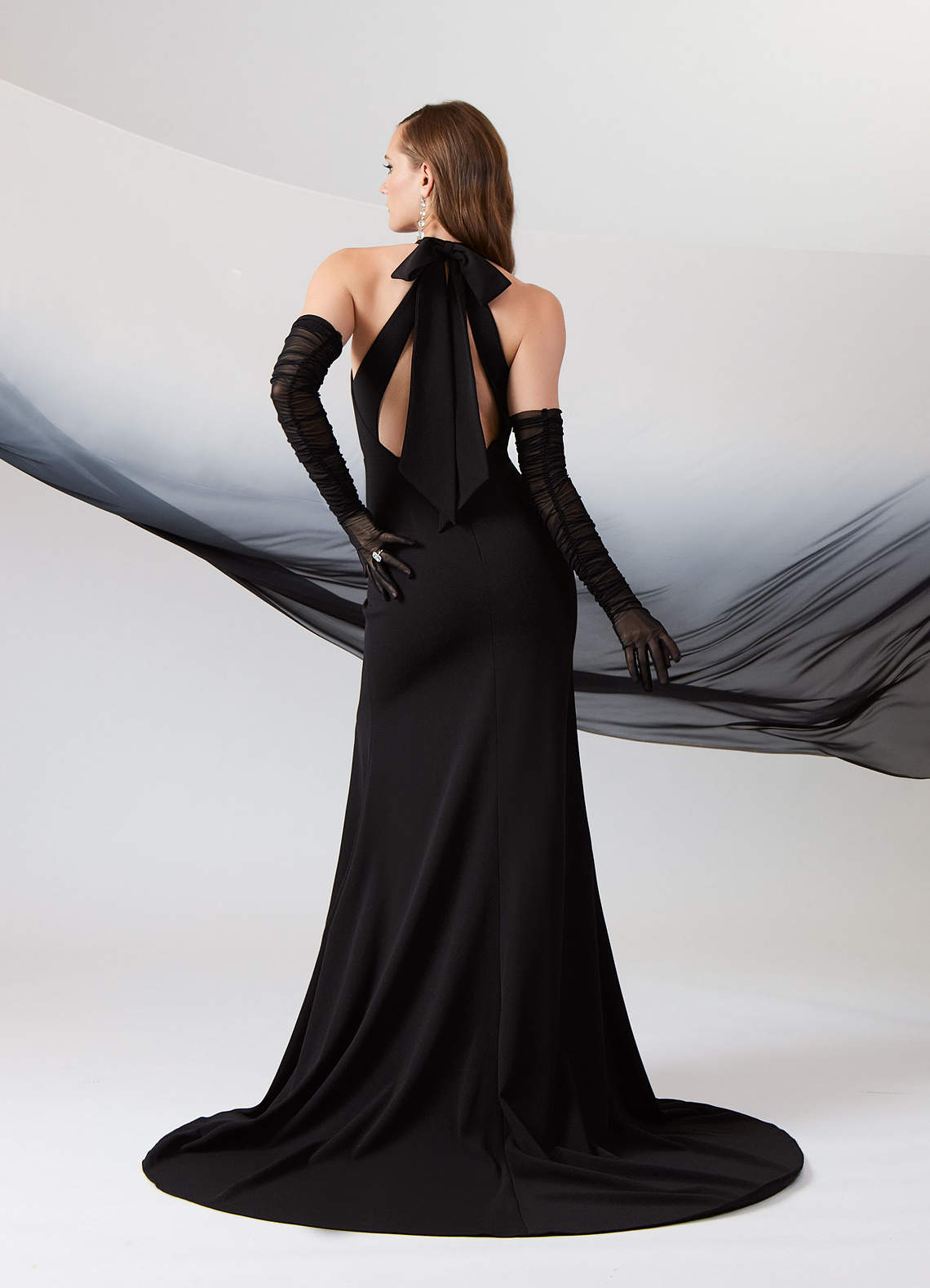 Black Azazie Aerith Sheath Bow Stretch Crepe Chapel Train Dress | Azazie