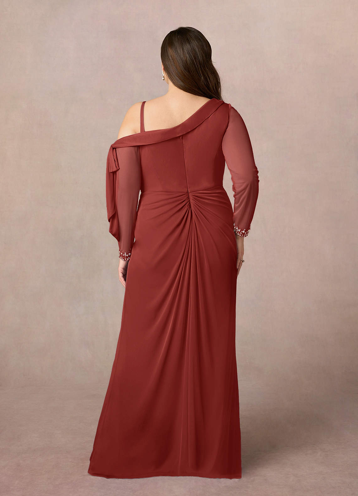 Azazie Marna Terracotta Sheath One Shoulder Mesh Dress | Azazie