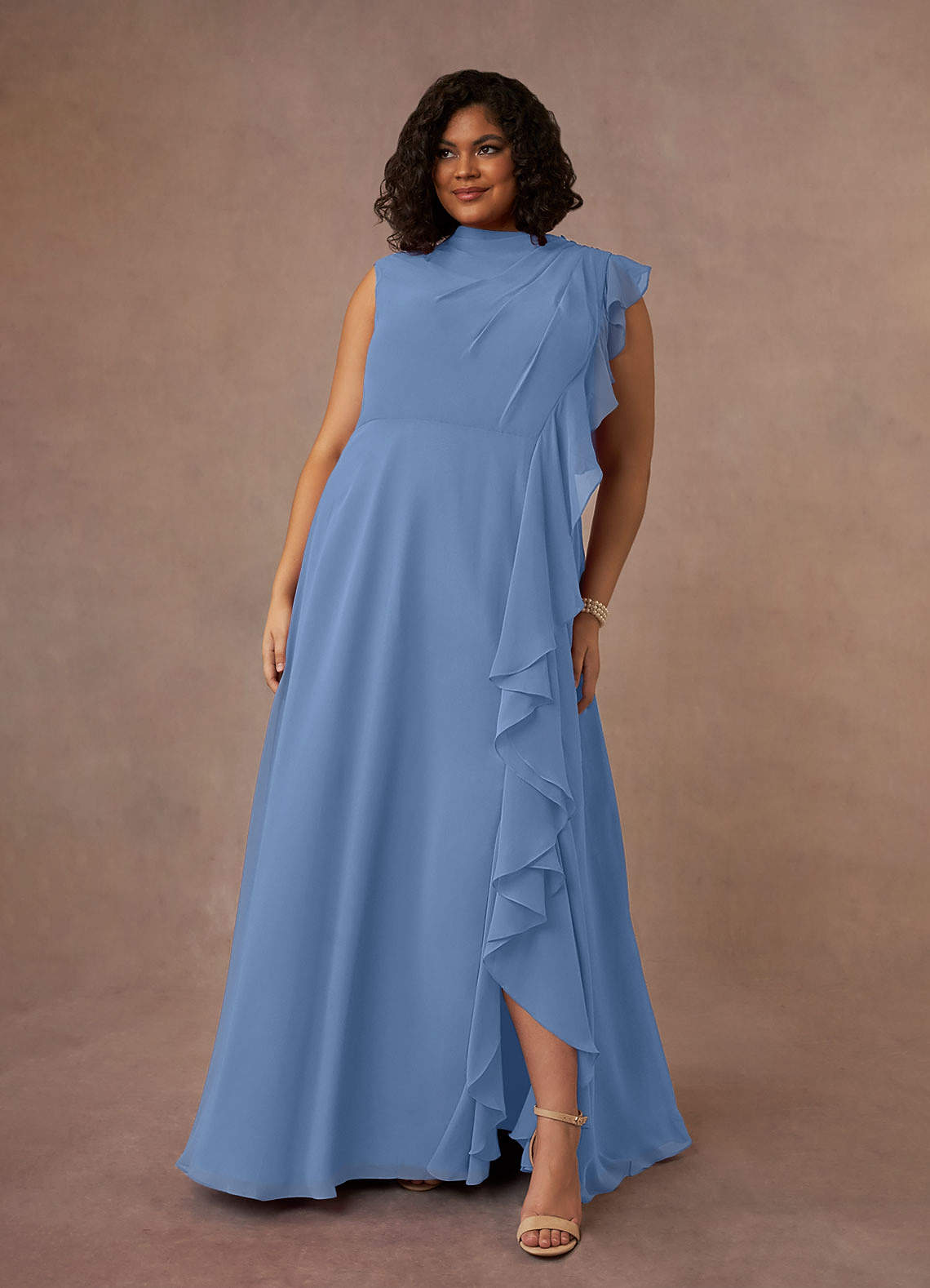 Azazie Narine Steel Blue A-Line High Neckline Pleated Chiffon Dress ...