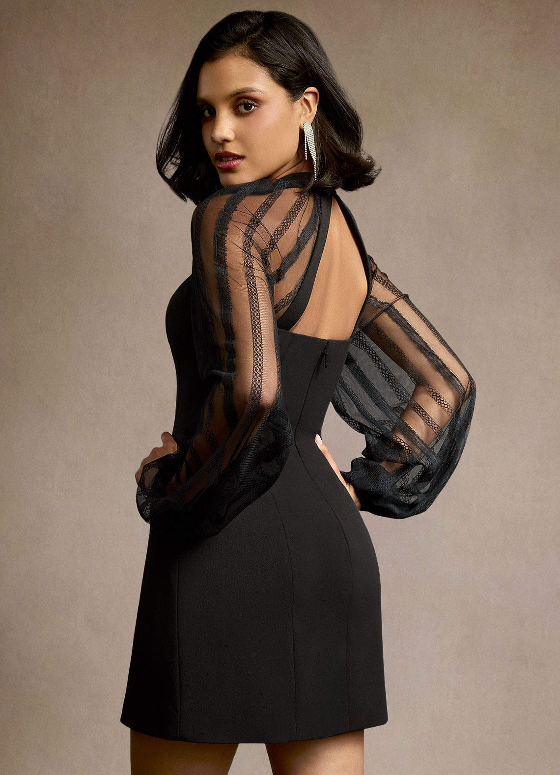 Kerry Black Sheer Sleeves Mini Dress | Azazie