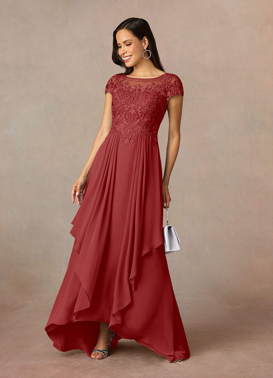 Rust Azazie Lunda Rust A-Line Lace Chiffon Dress | Azazie