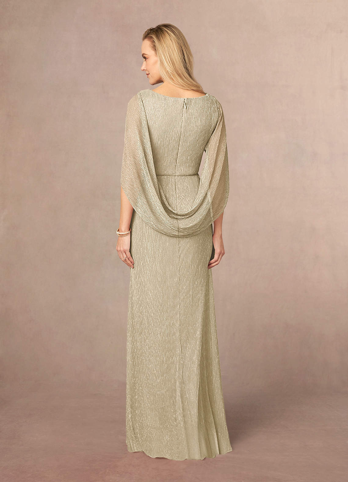 Champagne Gold Azazie Paige Sheath Pleated Cape Metallic Mesh Floor ...