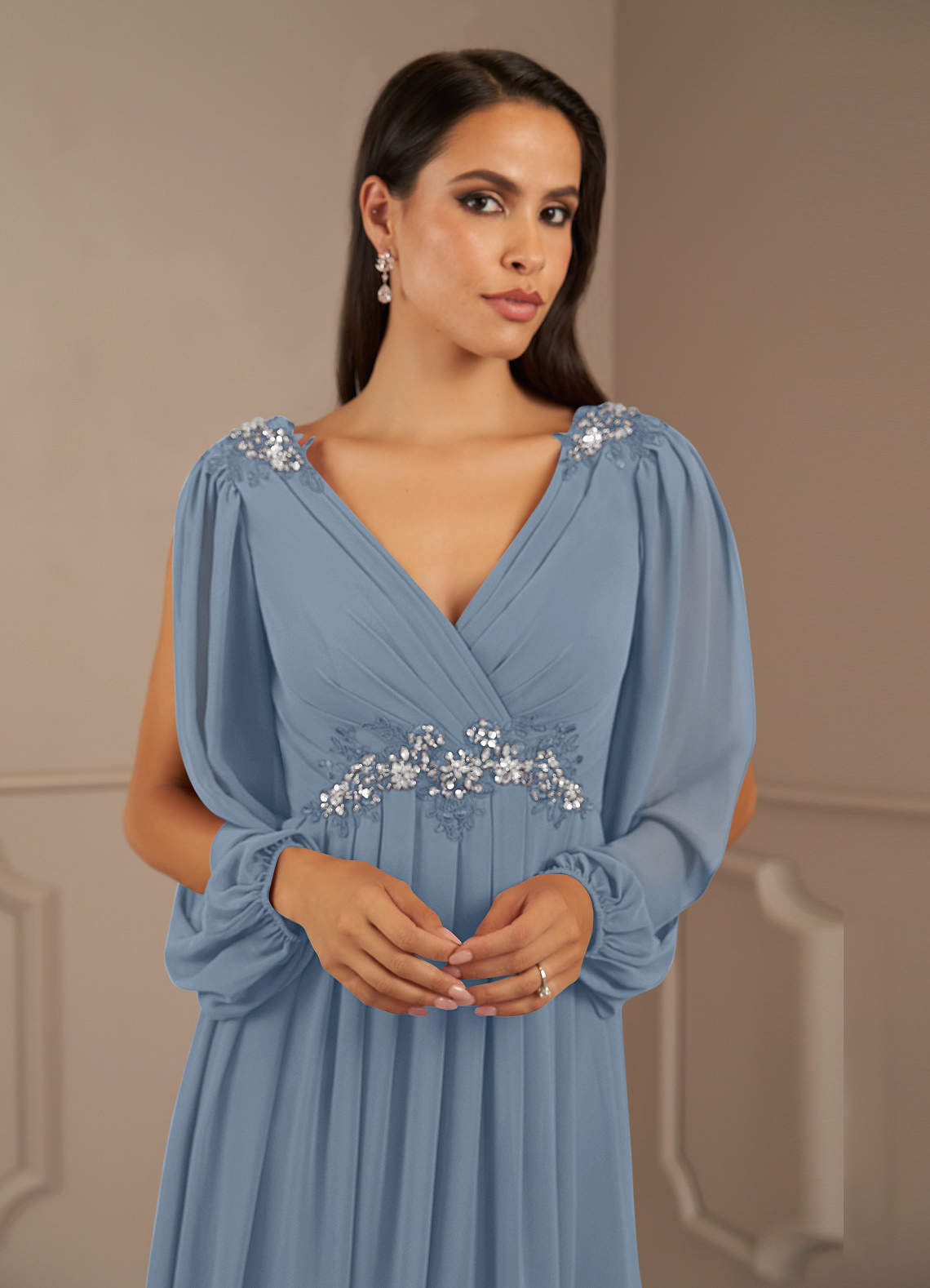 Dusty Blue Azazie Gypsy A-Line V-Neck Sequins Chiffon Floor-Length ...