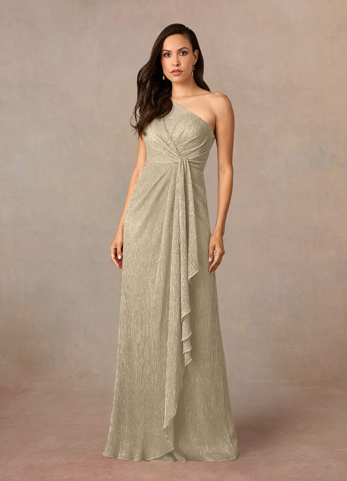 Azazie Theresa Champagne Gold Sheath One Shoulder Metallic Mesh Dress ...