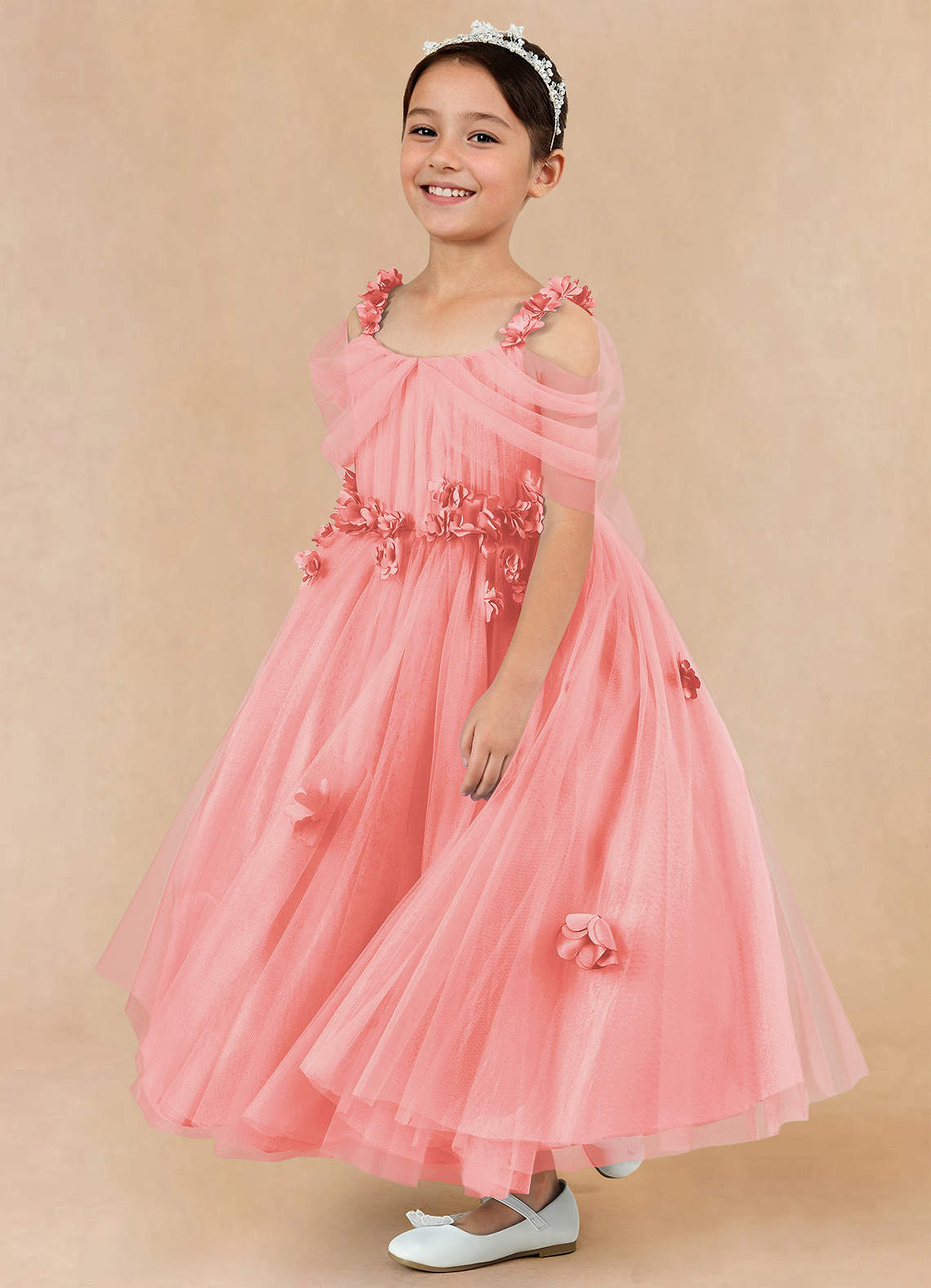 Coral Azazie Shaylee A-Line Off the Shoulder Tulle Ankle-Length Dress ...