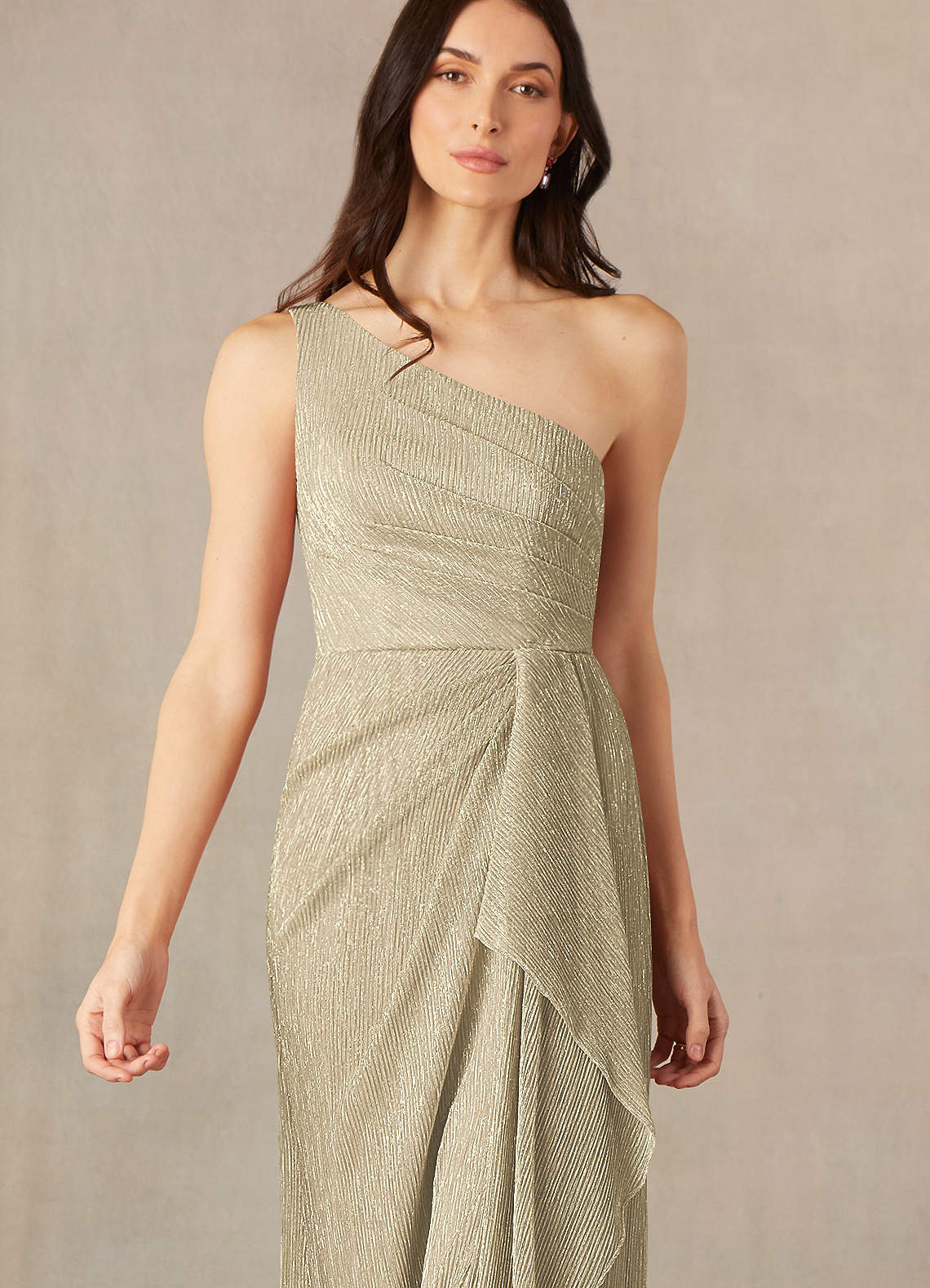 Azazie Jocelyn Champagne Gold Sheath One Shoulder Metallic Mesh Dress ...