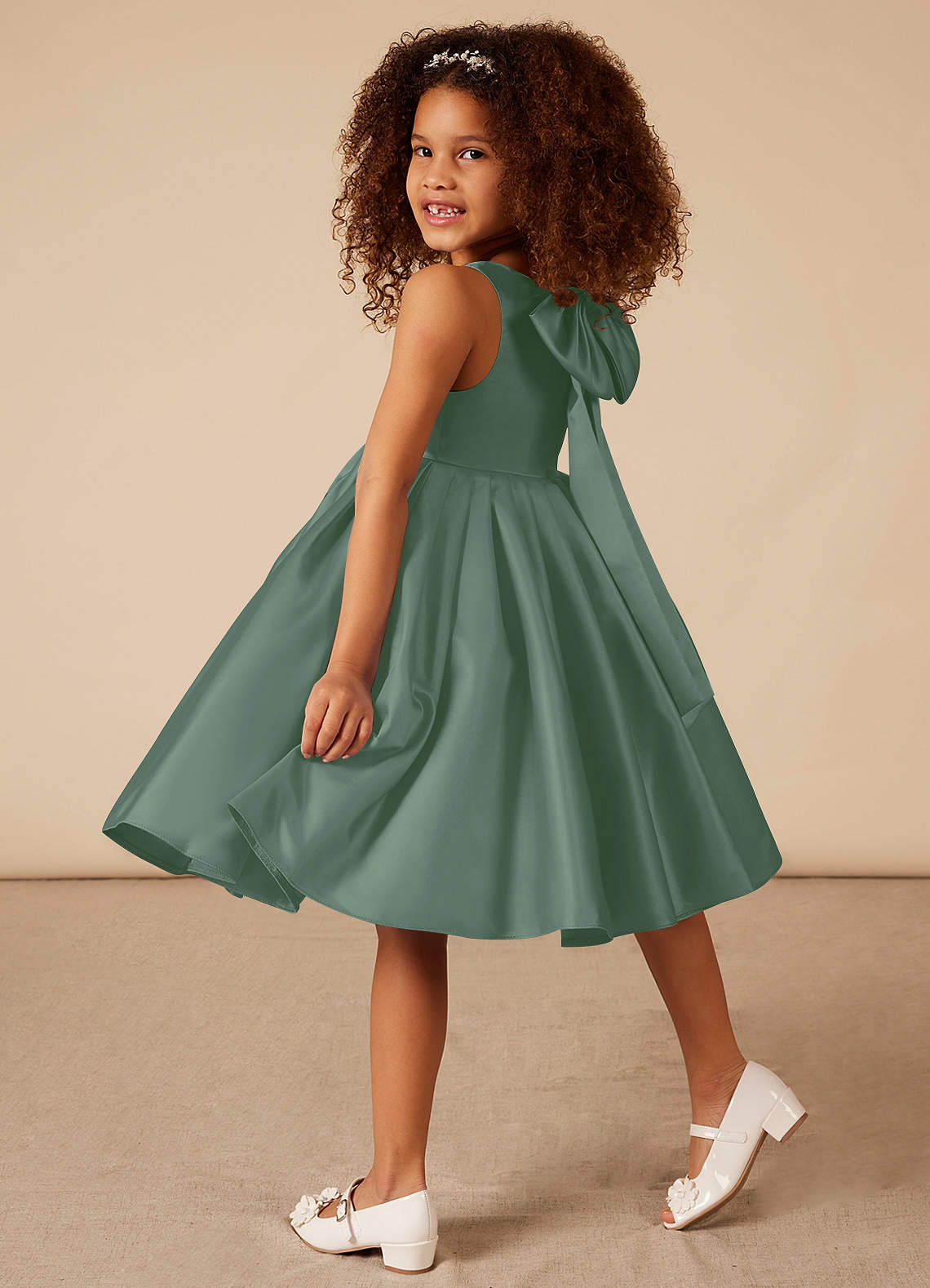 Eucalyptus Azazie Bo Peep A-Line Bow Matte Satin Knee-Length Dress | Azazie