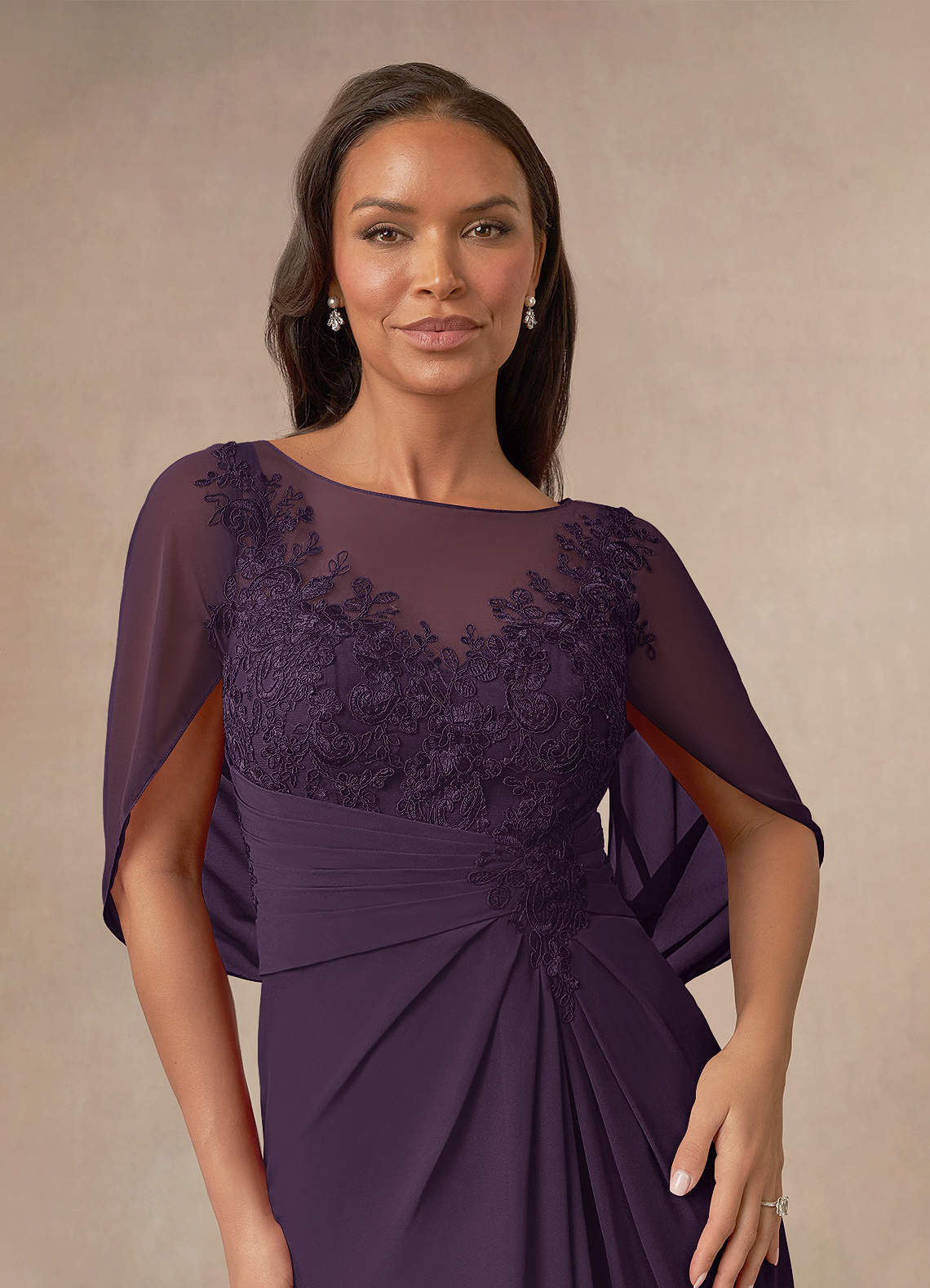 Azazie Hera Plum A-Line Lace Capelet Chiffon Dress | Azazie