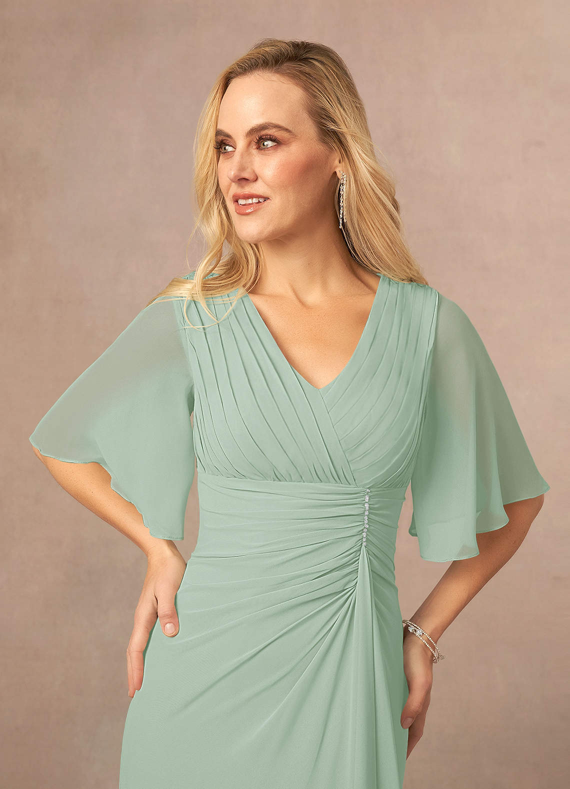 Azazie Carson Agave A-Line V-Neck Lace Chiffon Dress | Azazie