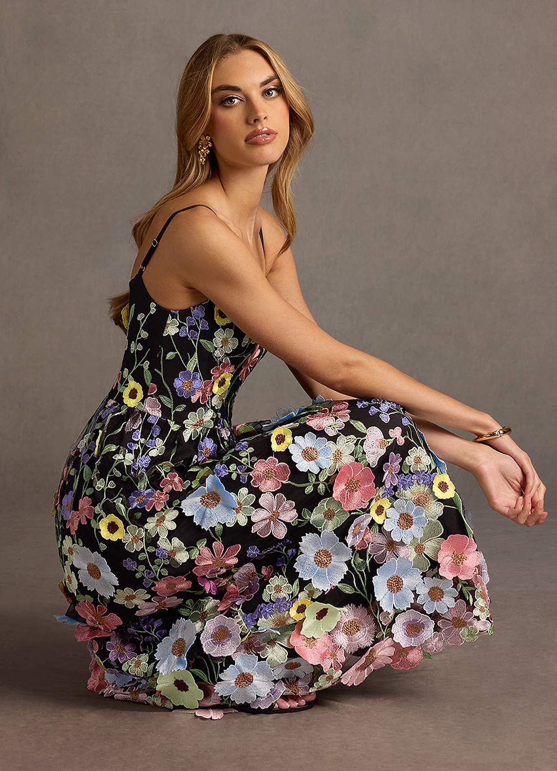 Nia Black and Multi Floral Midi Dress Atelier Dresses | Azazie