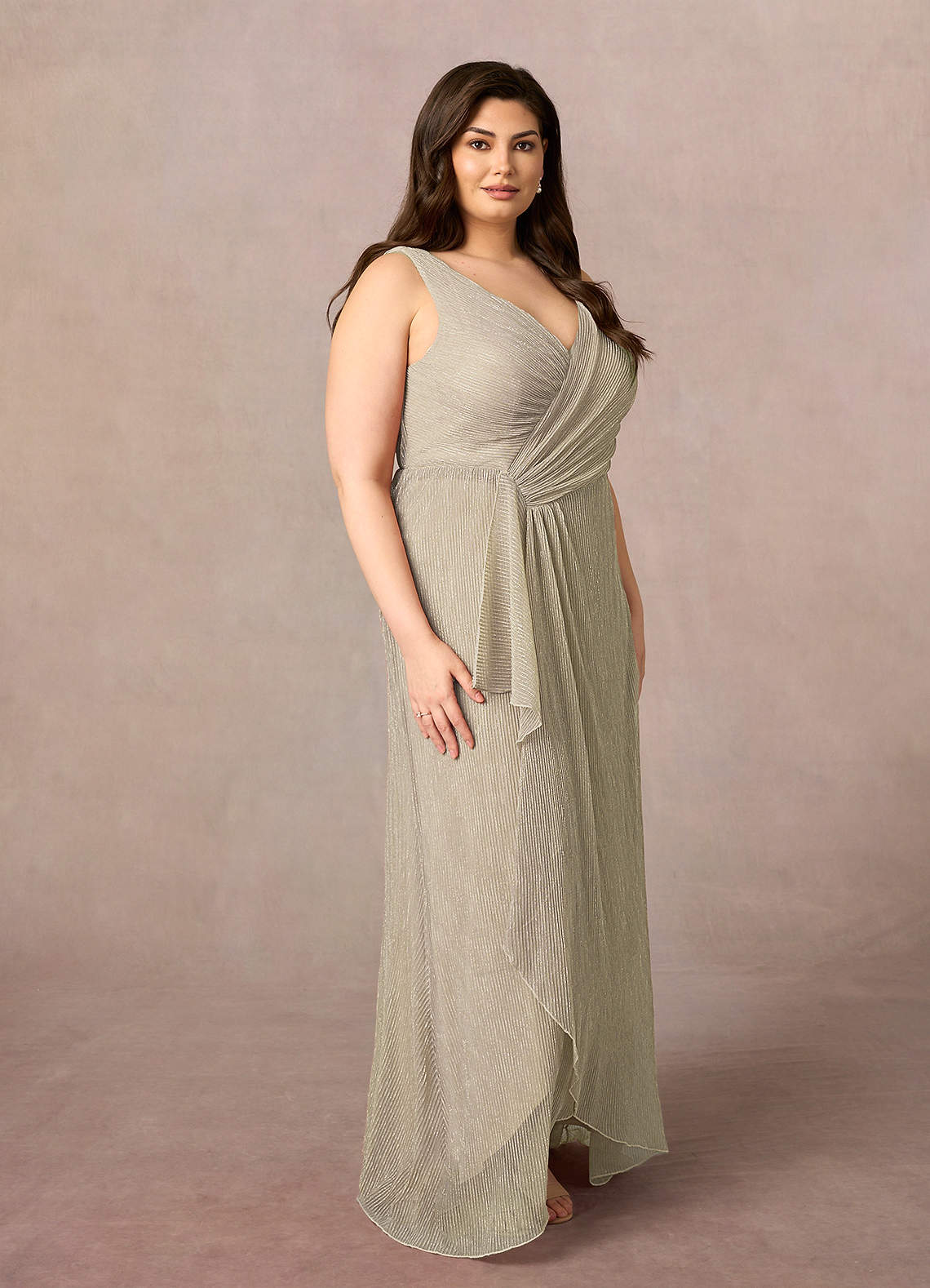 Upstudio Tuscon Champagne A-Line V-Neck Ruched Metallic Mesh Dress | Azazie
