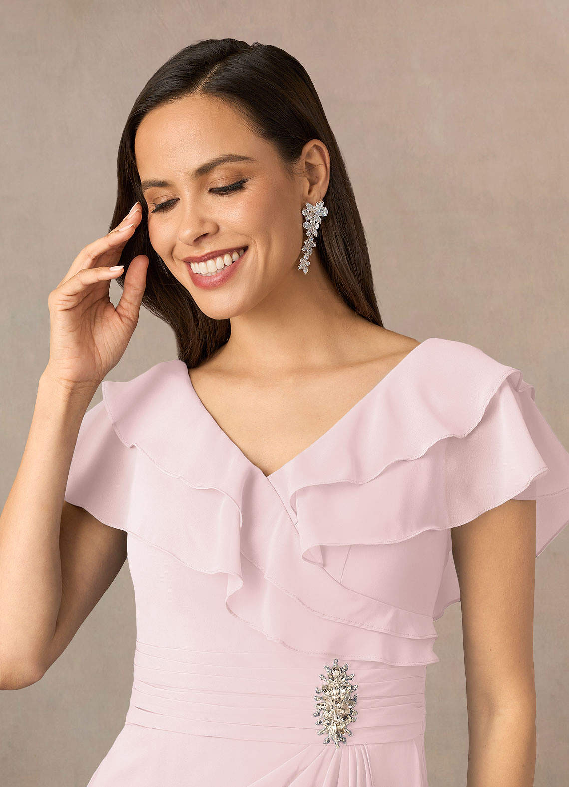 Azazie Snapdragon Blushing Pink A-Line V-Neck Ruched Chiffon Dress ...