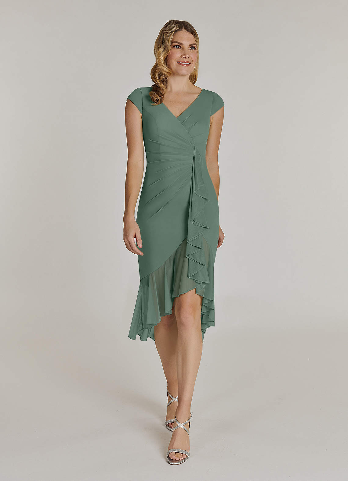 Azazie Renetta Eucalyptus Sheath V Neck Pleated Mesh Dress Azazie
