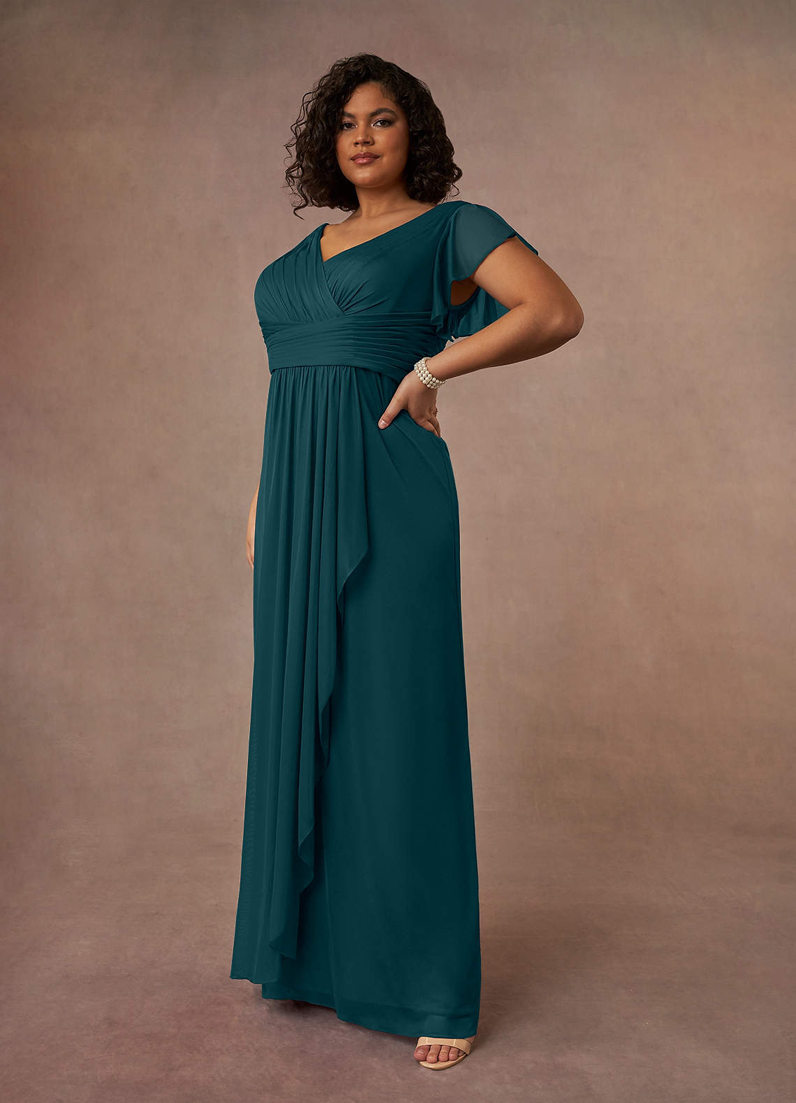 Pine Azazie Reneya A-Line Pleated Mesh Floor-Length Dress | Azazie