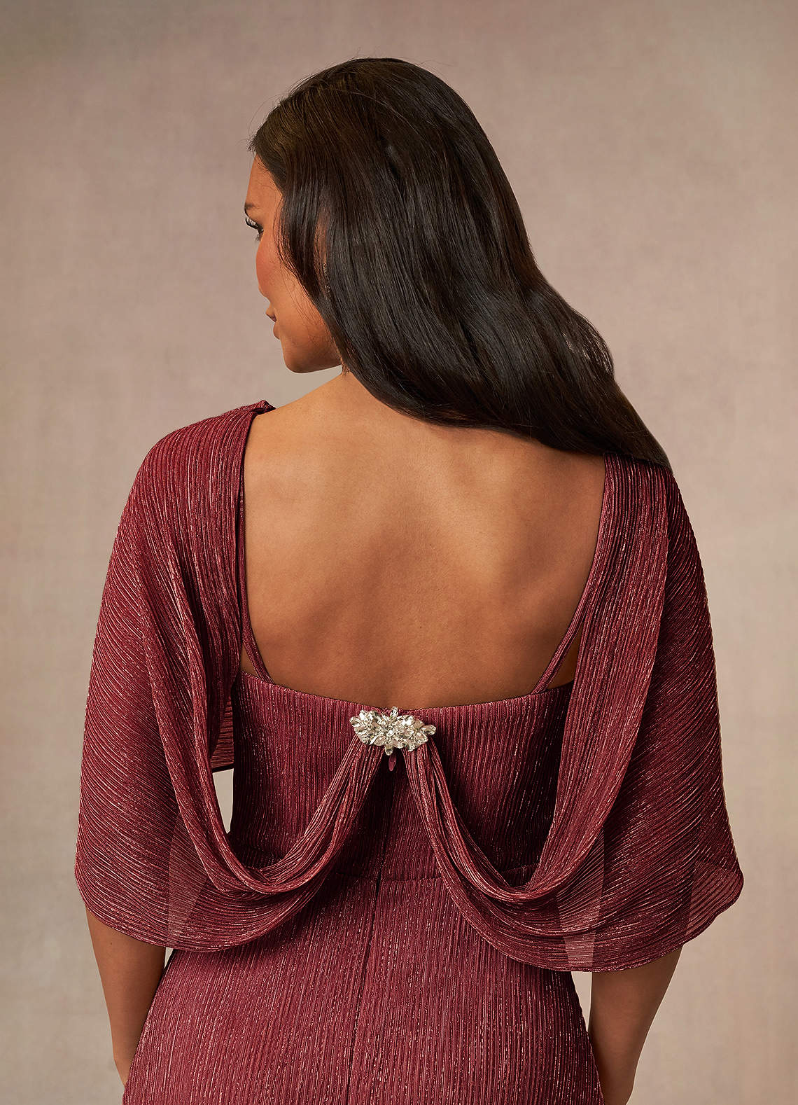 Azazie Loretta Ruby A-Line Cowl Cape Metallic Mesh Dress | Azazie