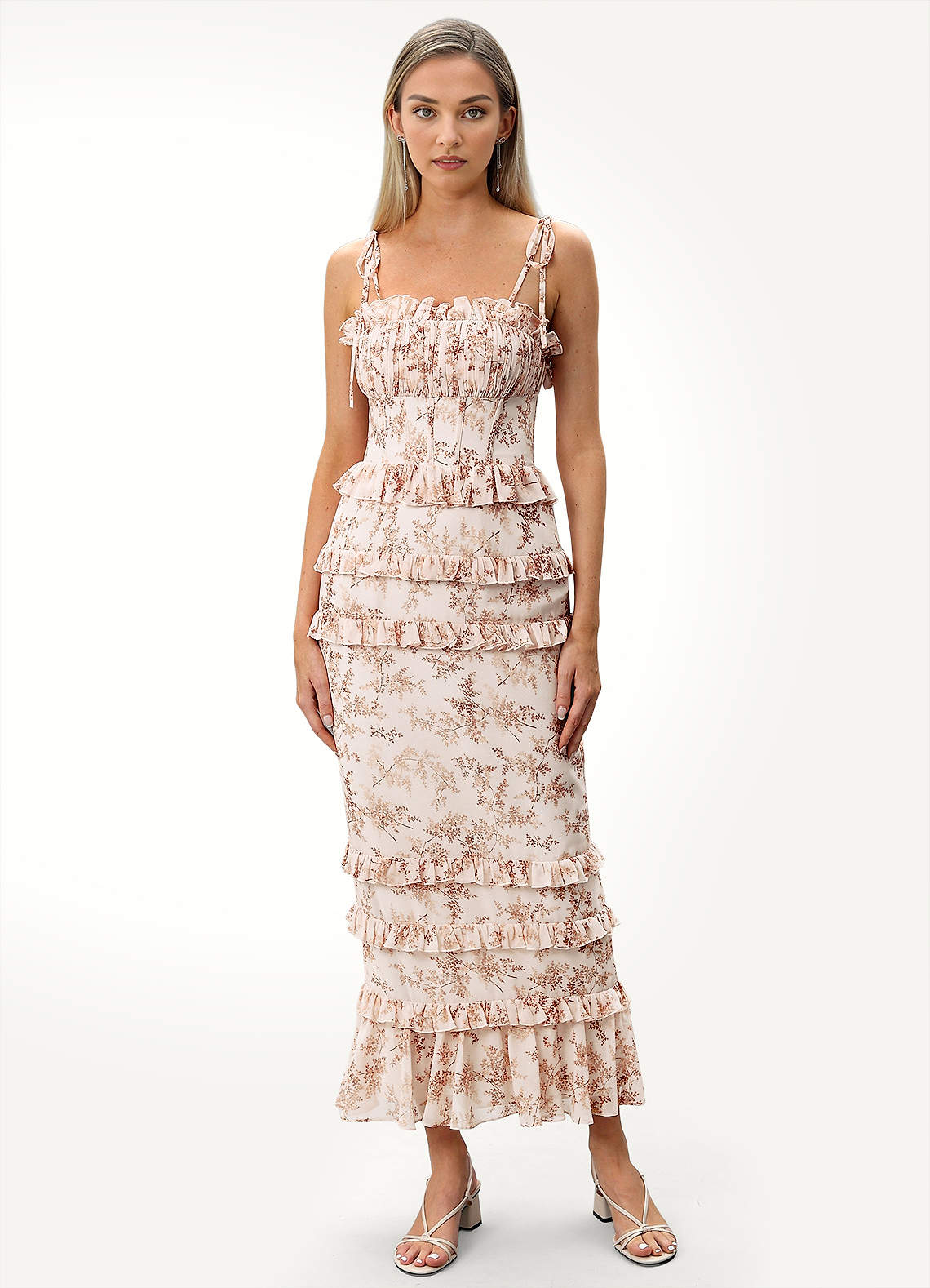 Emery Rose Pink Floral Printed Ruched Ruffled Midi Dress Atelier ...