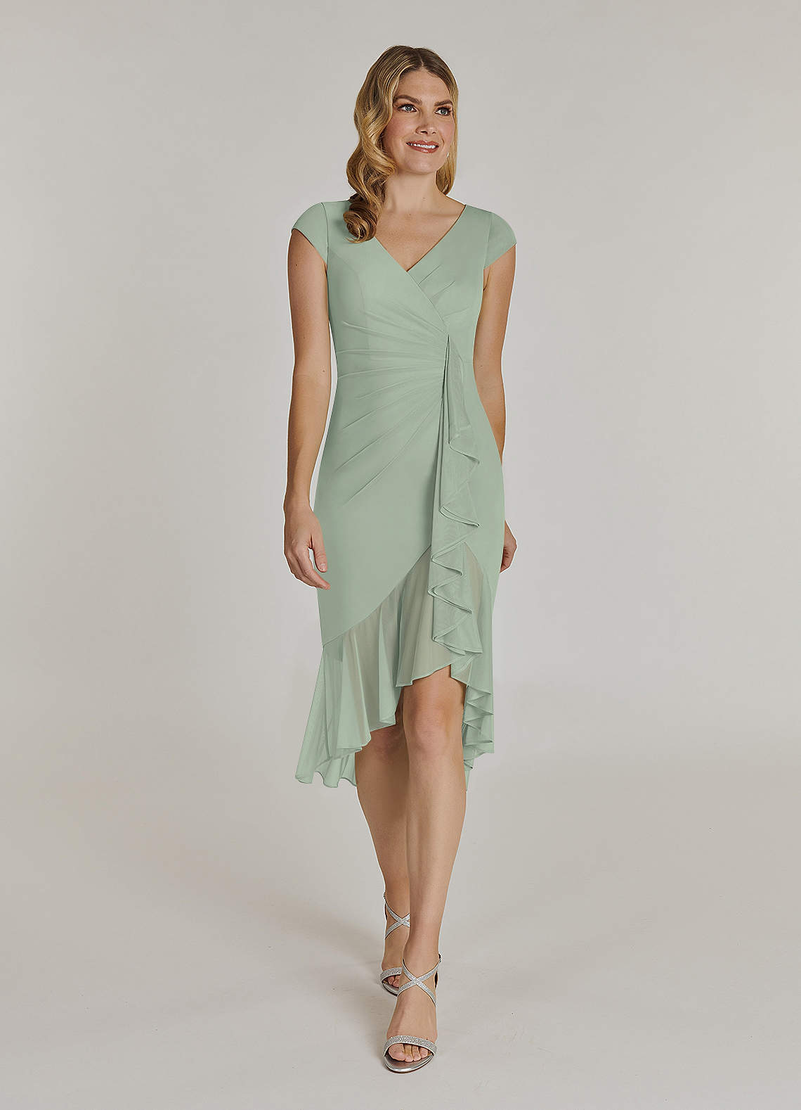 Dusty Sage Azazie Renetta Sheath V Neck Pleated Mesh Asymmetrical Dress