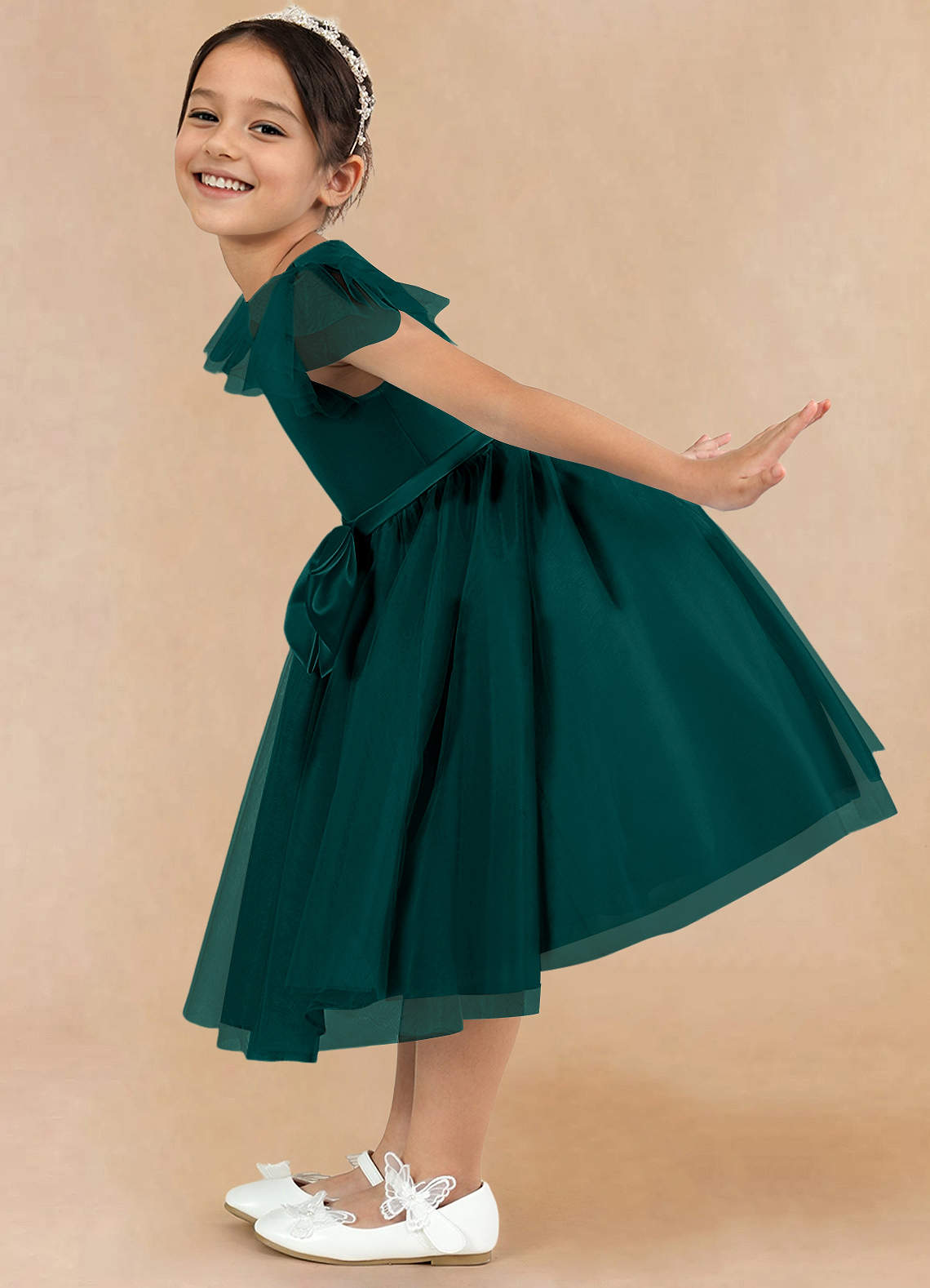 Peacock Azazie Midna Peacock A-Line with Sleeves Tulle Dress | Azazie