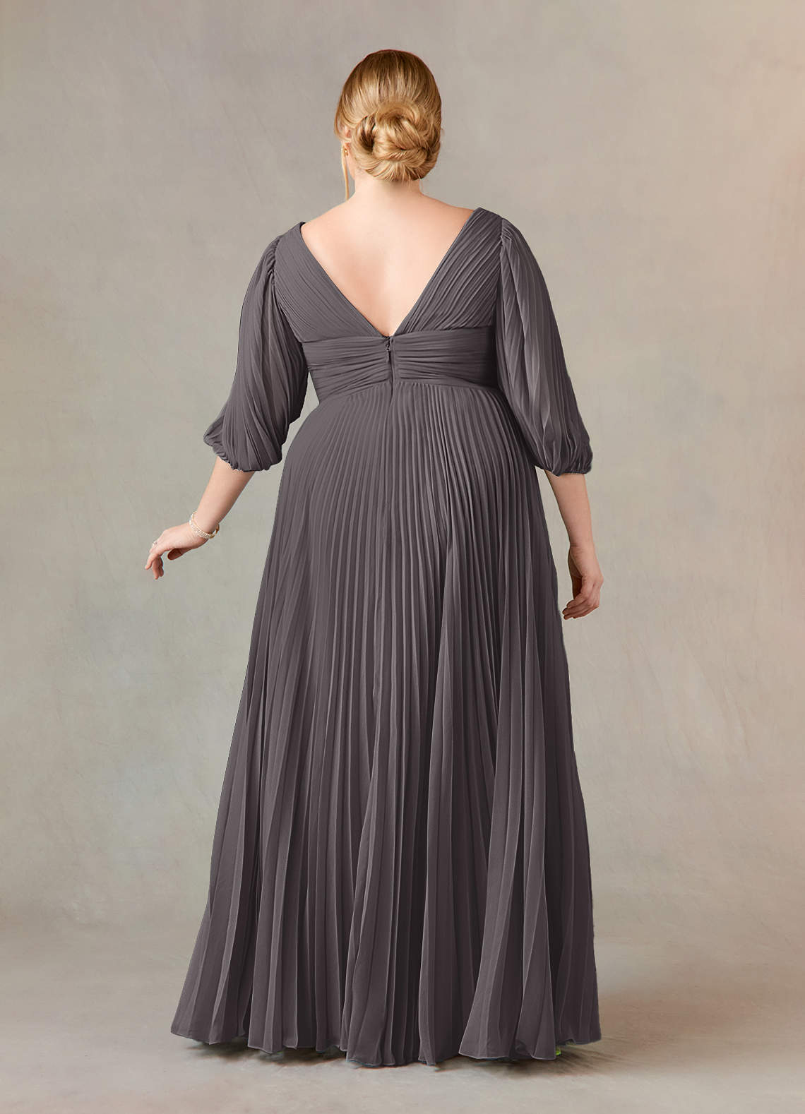 Azazie Zahara Steel Grey A-Line V-Neck Pleated Chiffon Dress | Azazie